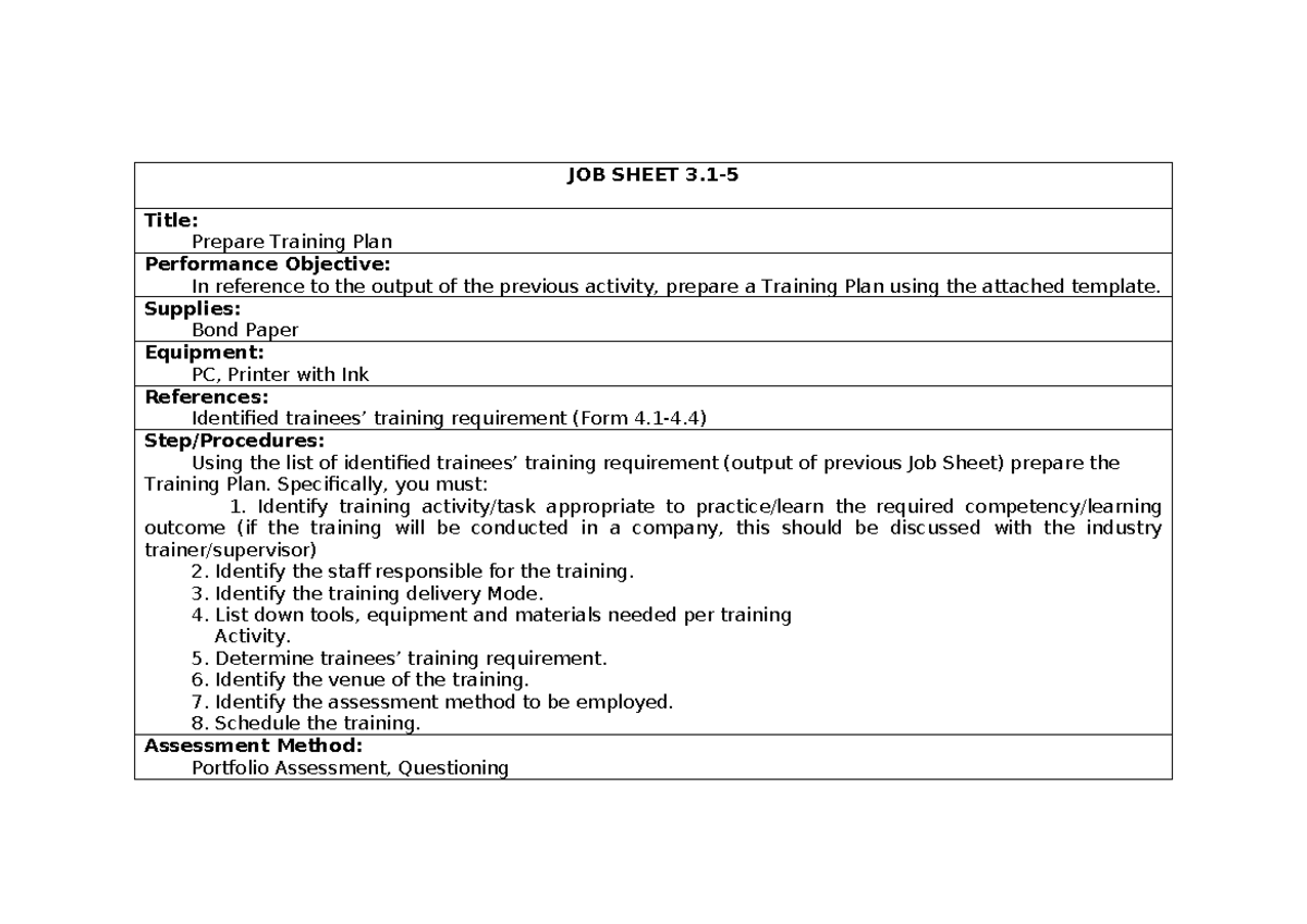JOB Sheet 3.1-5 Training Plan - JOB SHEET 3- Title: Prepare Training ...