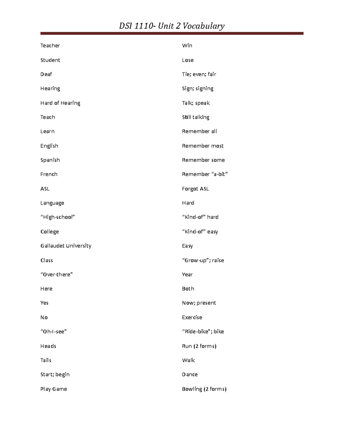 unit 2 vocabulary - DSI 1110- Unit 2 Vocabulary Teacher Student Deaf ...