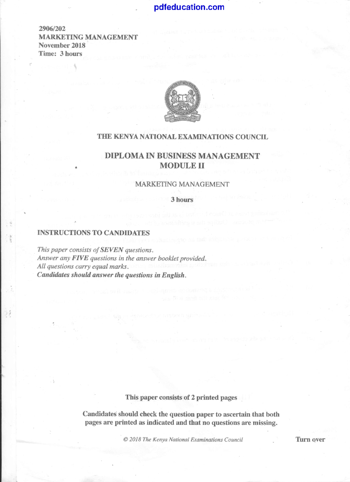Marketing Management Diploma KNEC Past Exam Papers Nov 2018 - Practice ...