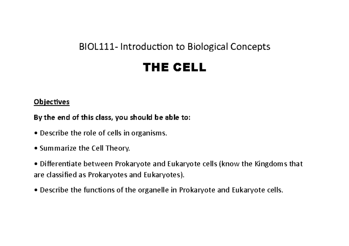 The Cell - Summary - BIOL111- Introduction to Biological Concepts THE ...