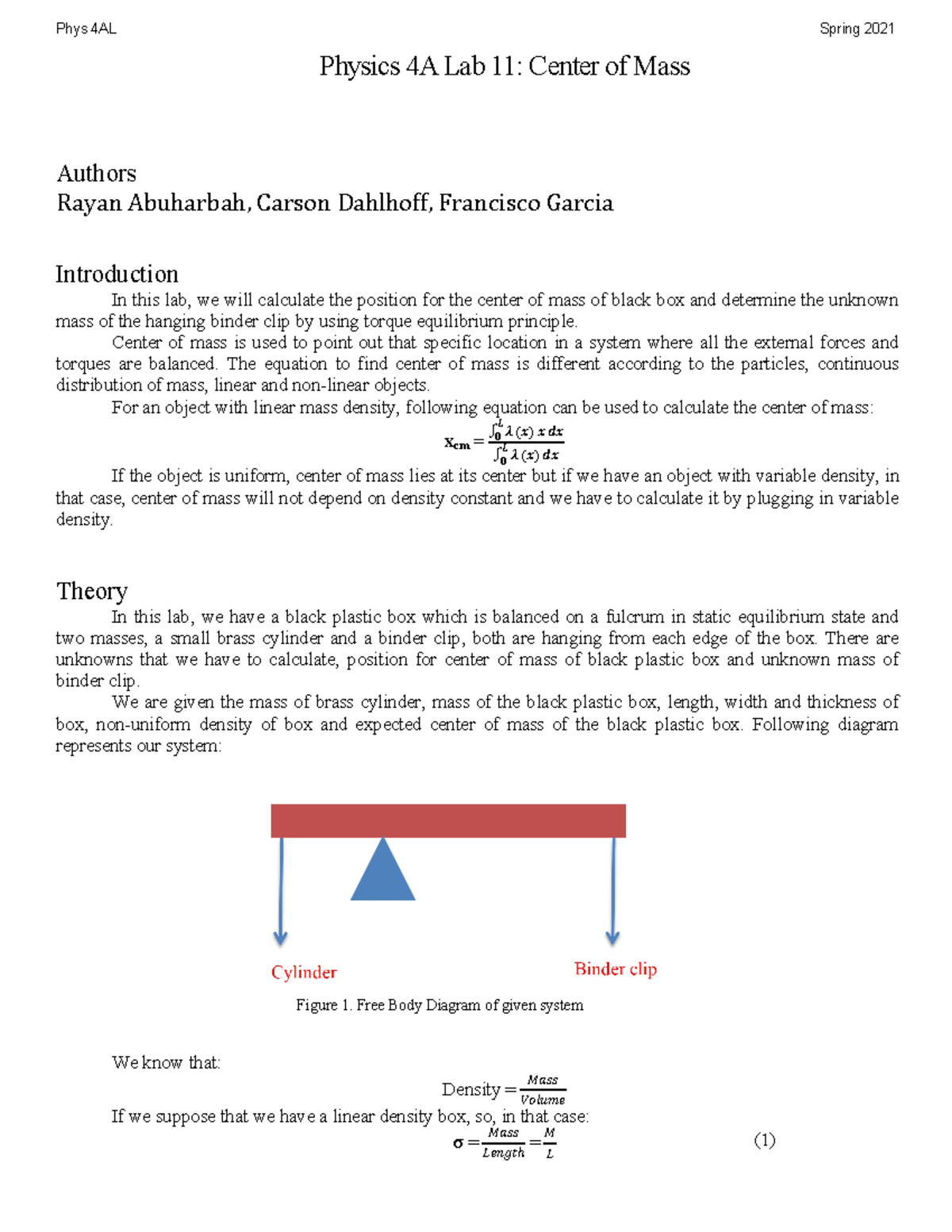 Center of Mass - Physics Lab - Phys 4AL Spring 2021 (1) Physics 4ALab ...