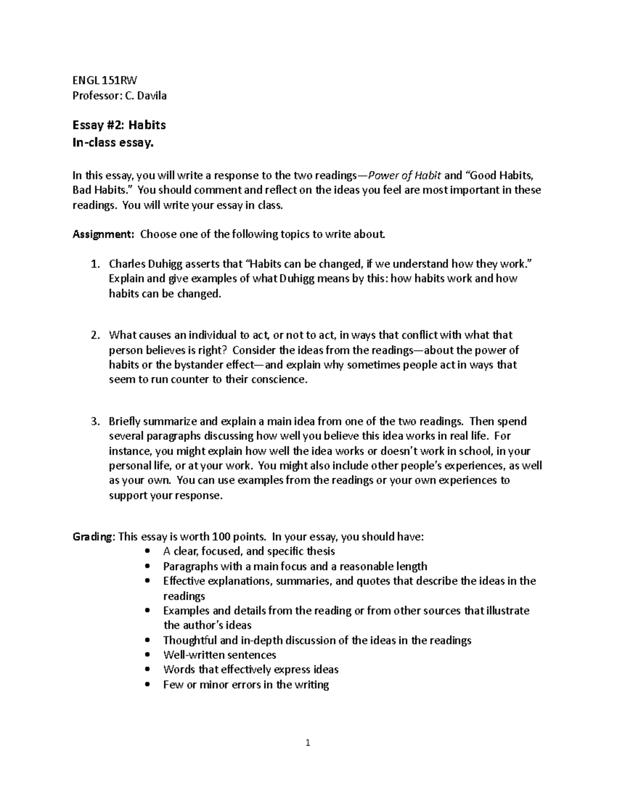 English 151RW Habits Essay - ENGL 151RW Professor: C. Davila Essay #2 ...