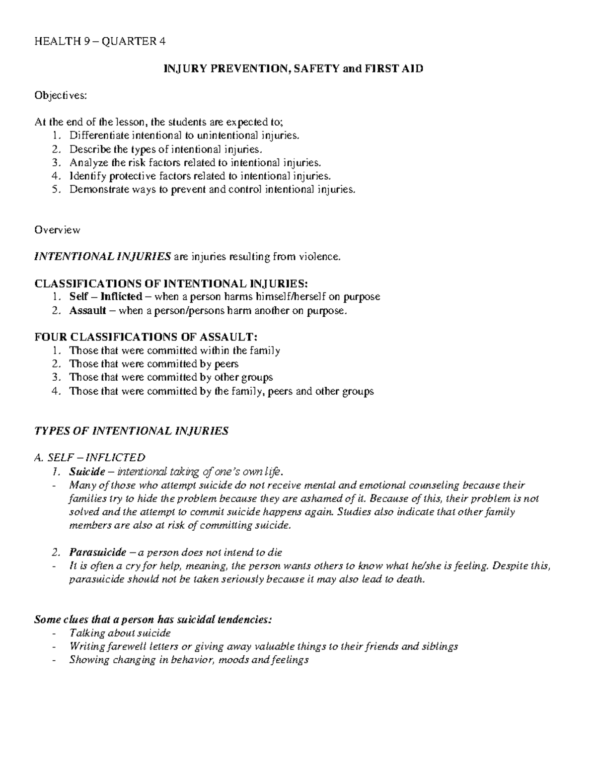 Health 9 Injury Prevention Safety and First Aid - HEALTH 9 – QUARTER 4 ...