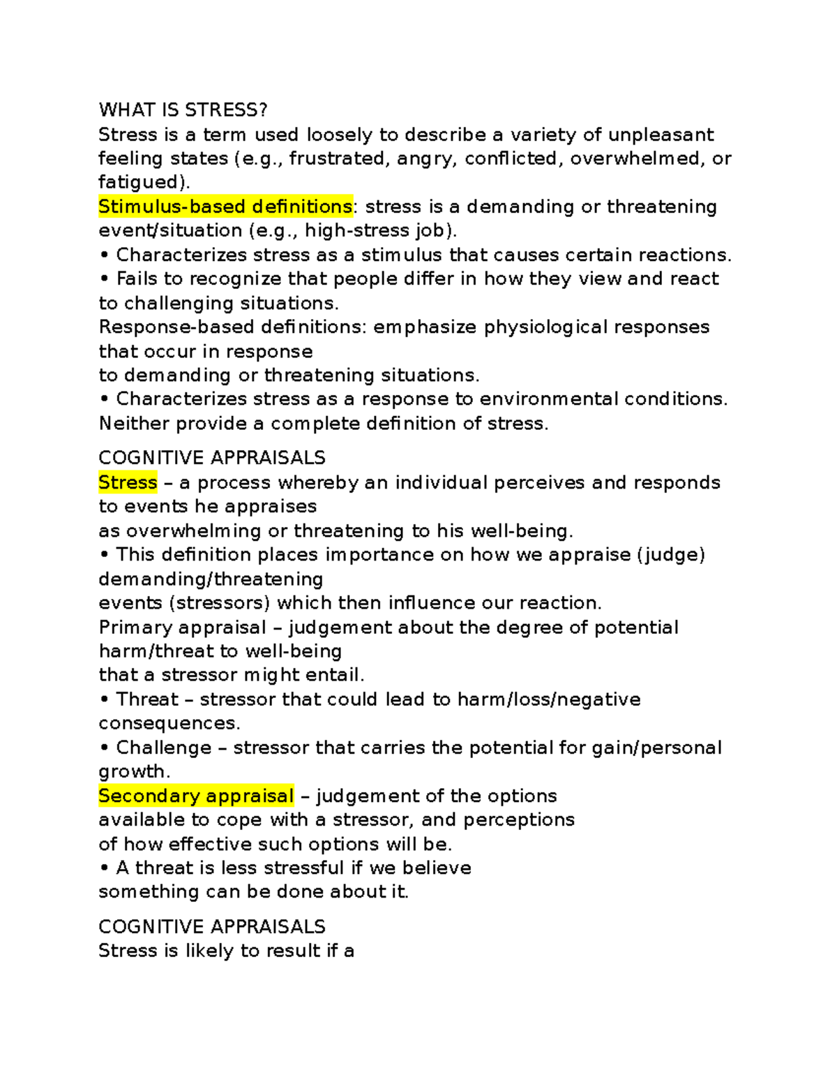 Stress notes - WHAT IS STRESS? Stress is a term used loosely to ...