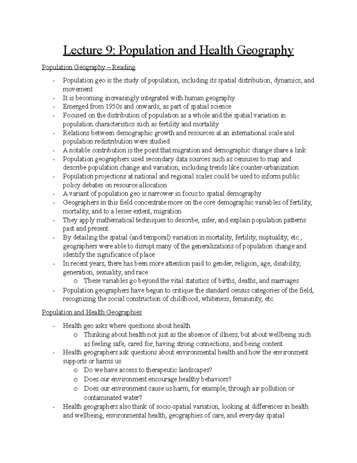 Lecture 9 Population and Health Geography - Lecture 9: Population and ...