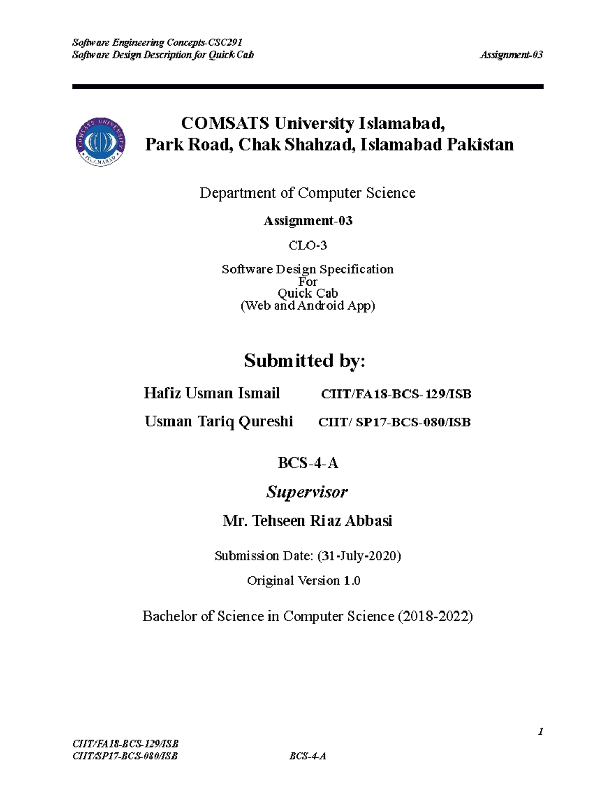Assignment 03 Project SDS Document V1 - Software Design Description for ...