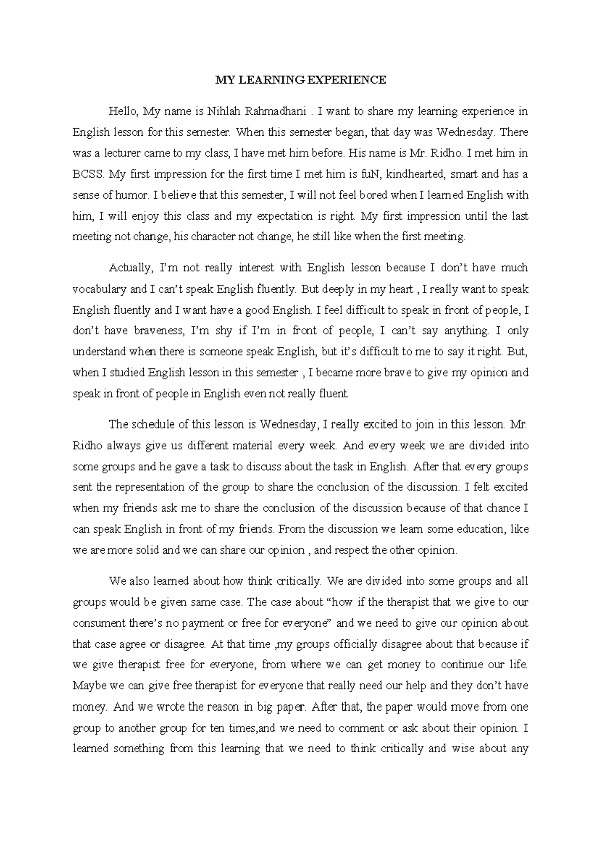 372345684-Final-English - MY LEARNING EXPERIENCE Hello, My name is ...