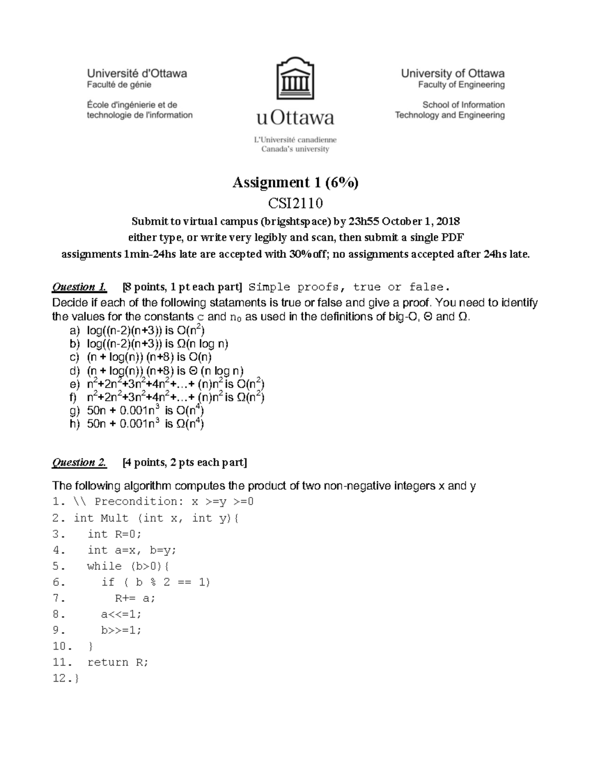 A1 2018 csi2110 - This is the assignment of SCI2110 year 2018 - Assignment 1 (6%) CSI21 10 ...