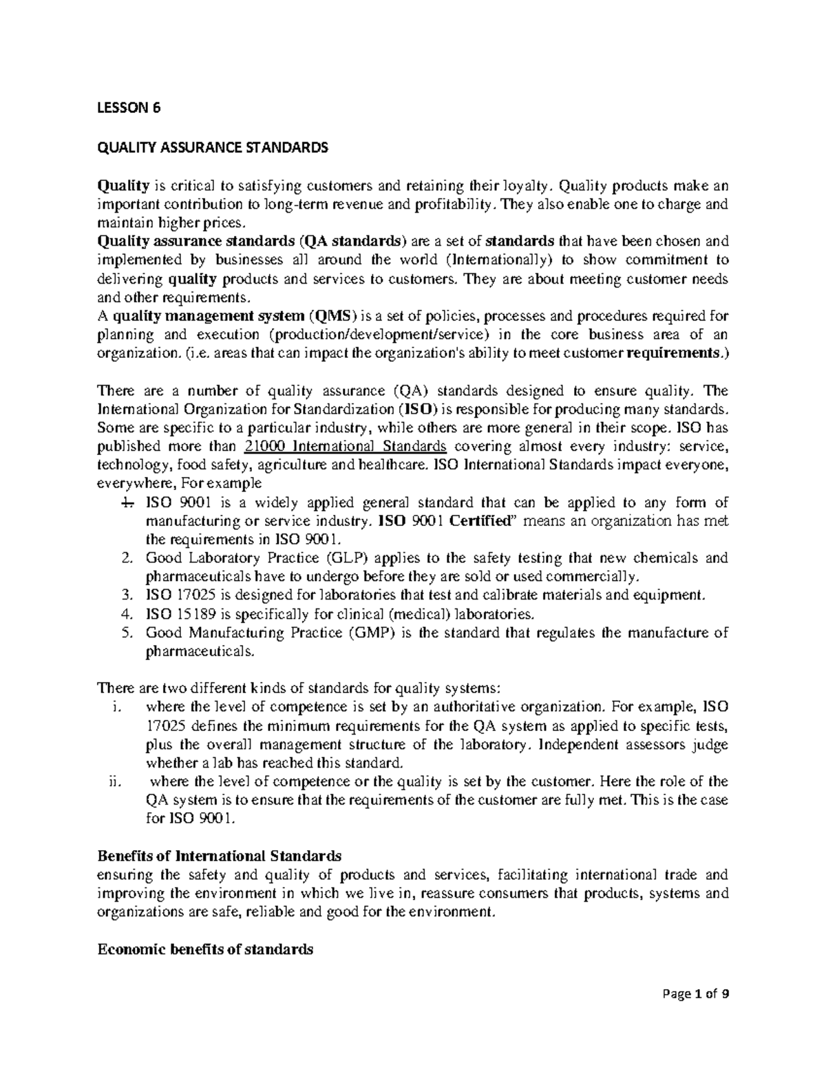 SCH 106- Lesson 6- Handout - LESSON 6 QUALITY ASSURANCE STANDARDS ...