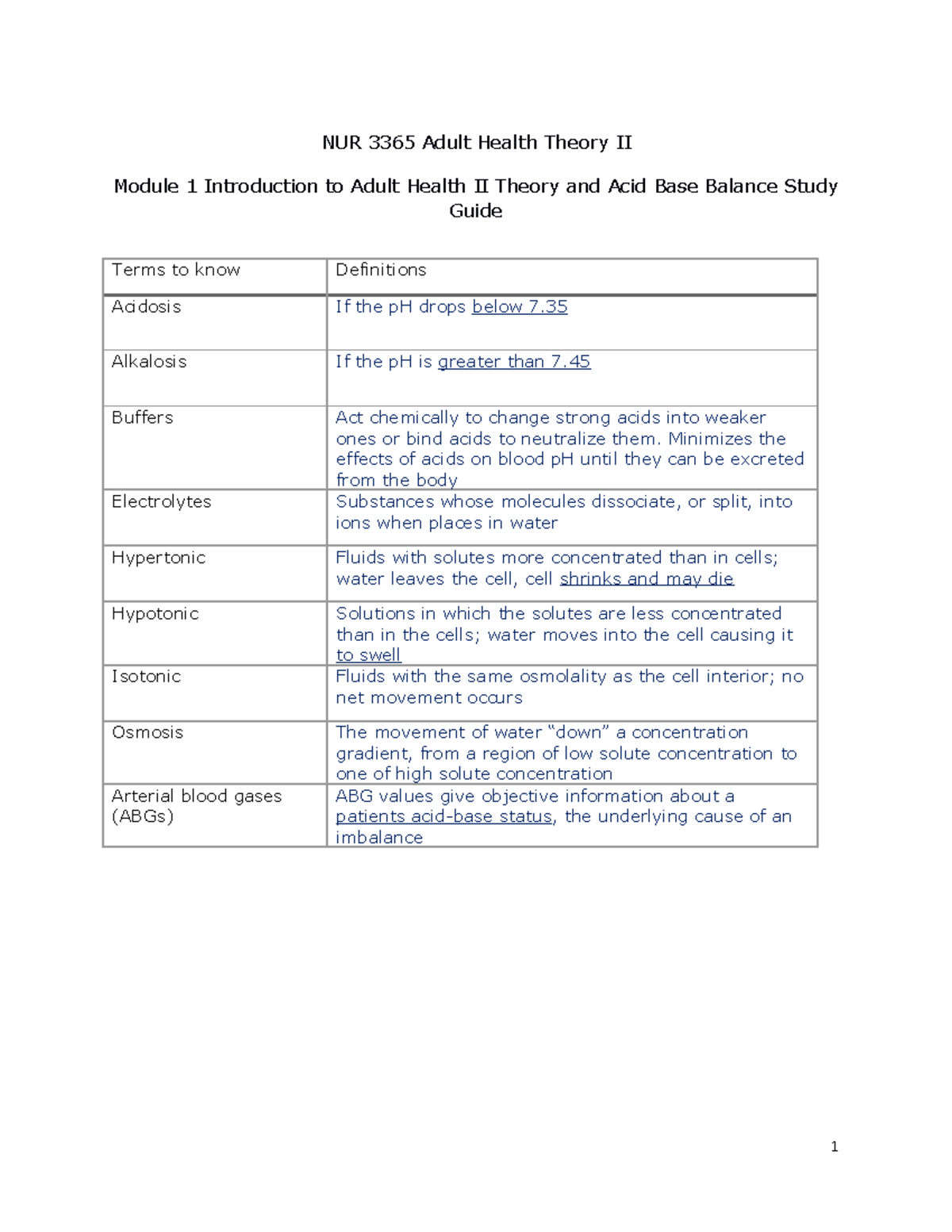 NUR 3365 Module 1 Acid Base Balance Study Guide - NUR 3365 Adult Health ...