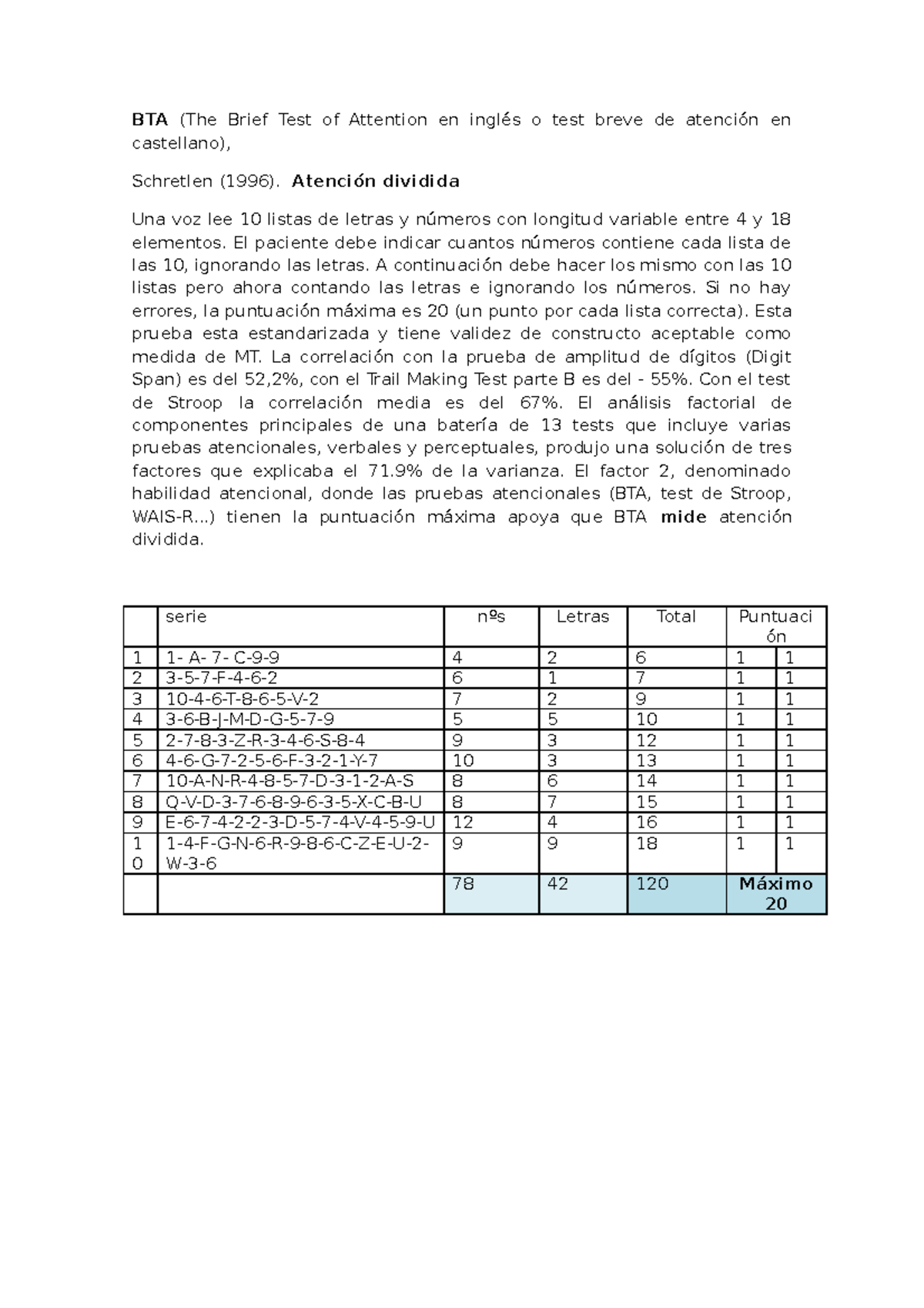 Atencion dividida - BTA (The Brief Test of Attention en inglés o test ...
