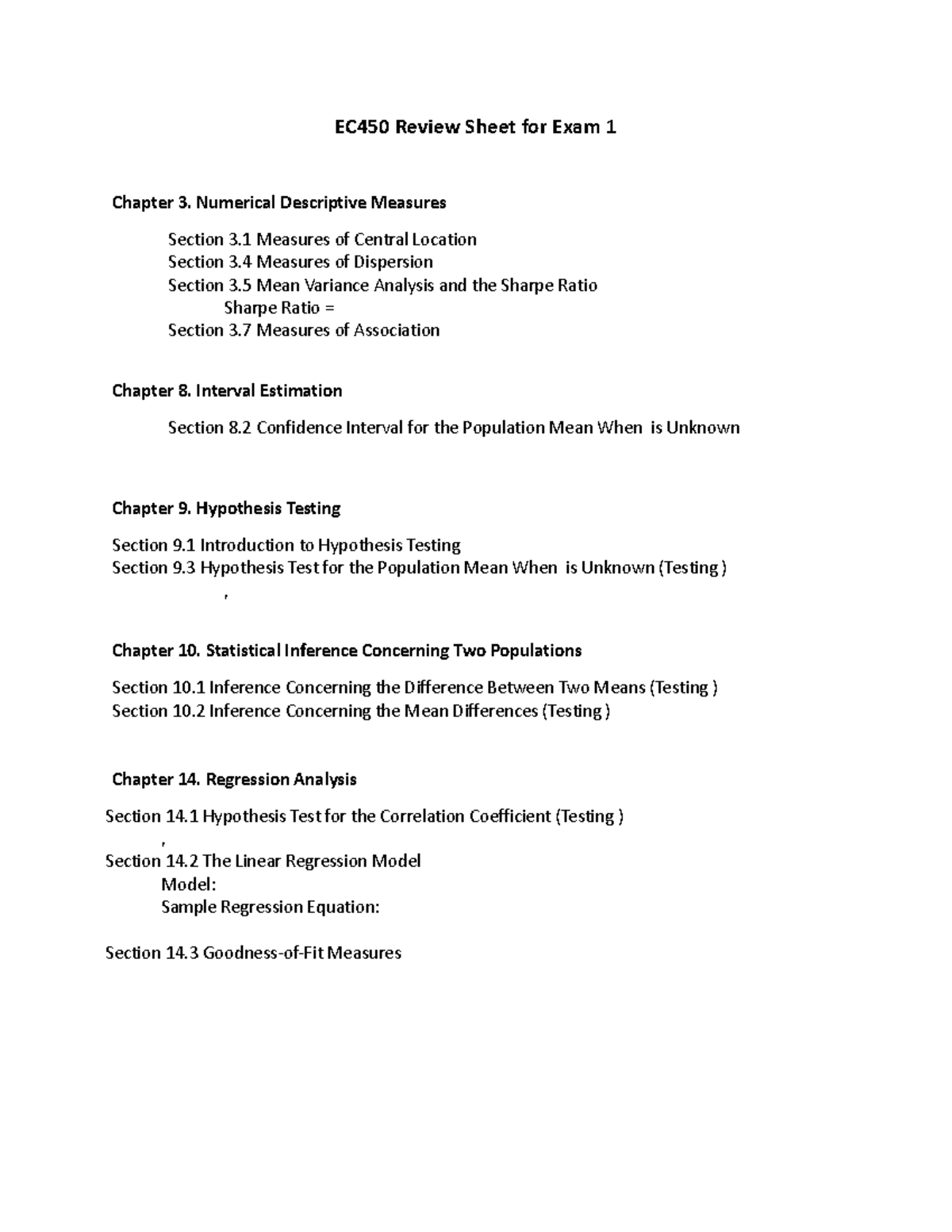 EC450 Review Sheet for Exam 1 - Numerical Descriptive Measures Section ...