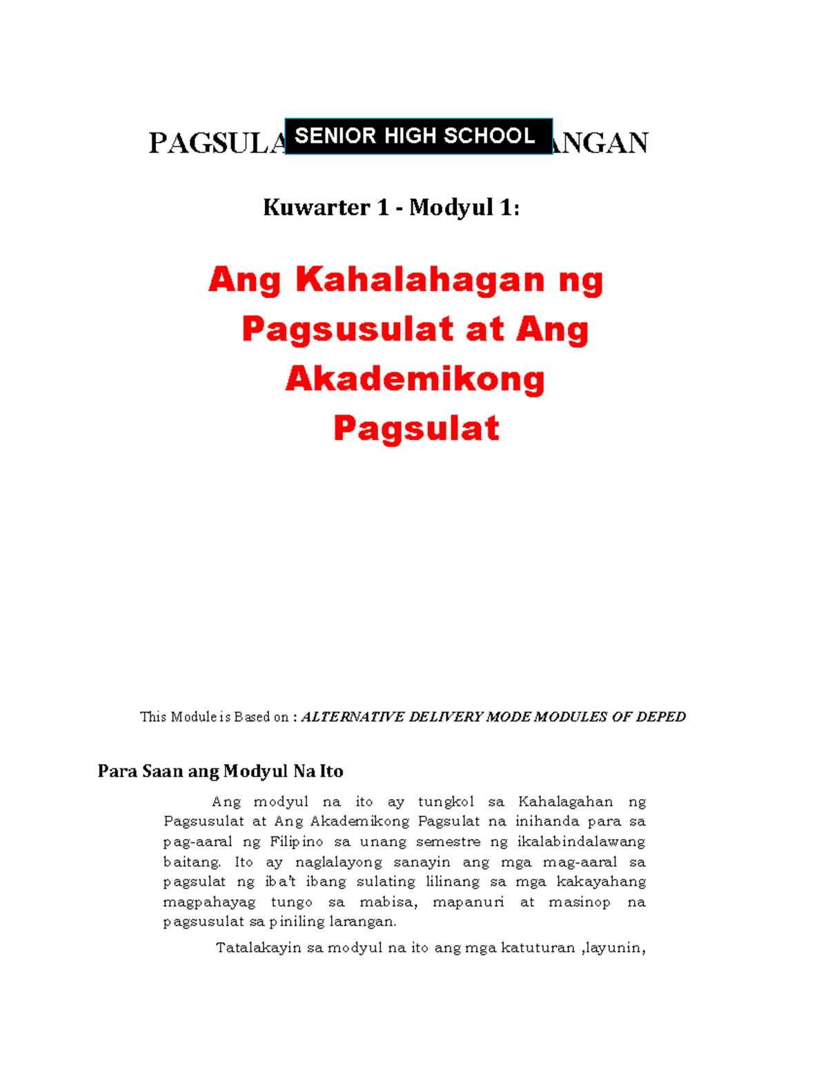 Pdfcoffee - Module 1 - PAGSULAT SA PILING LARANGAN Kuwarter 1 - Modyul 1: Ang Kahalahagan ng ...