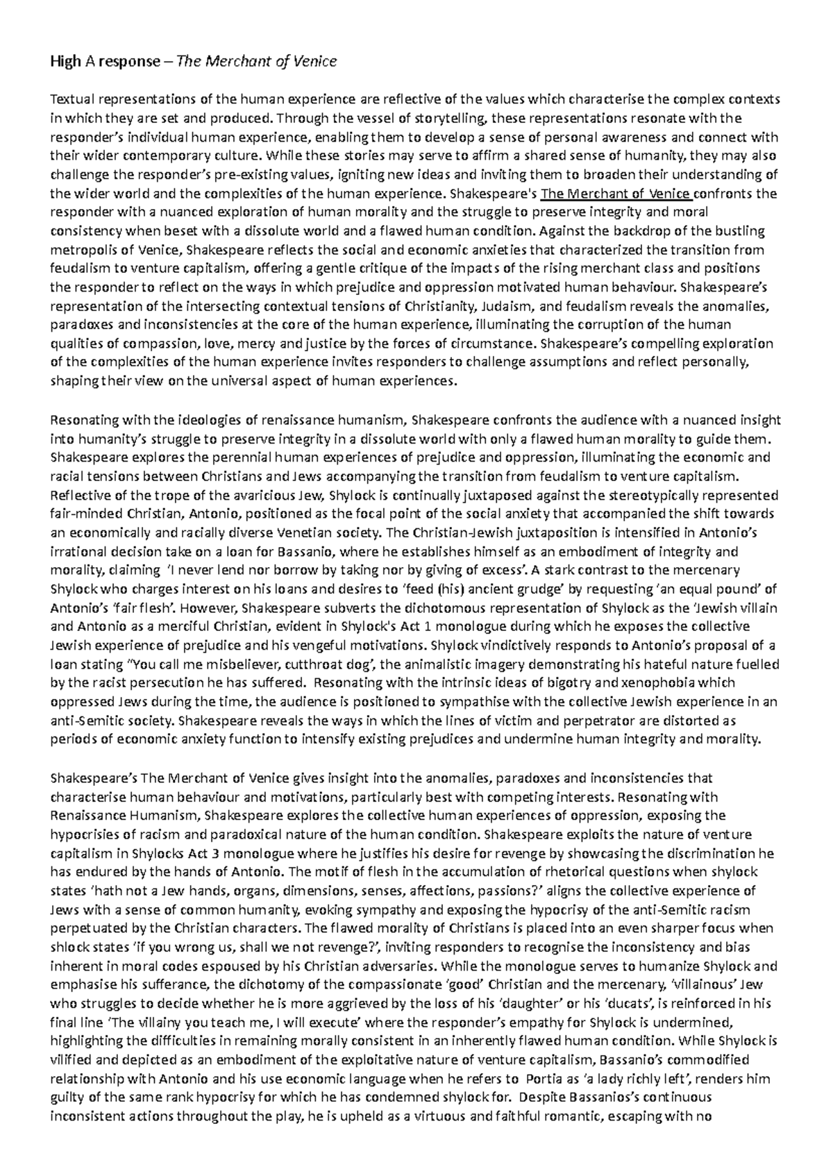 High A response Merchant of Venice - High A response – The Merchant of ...