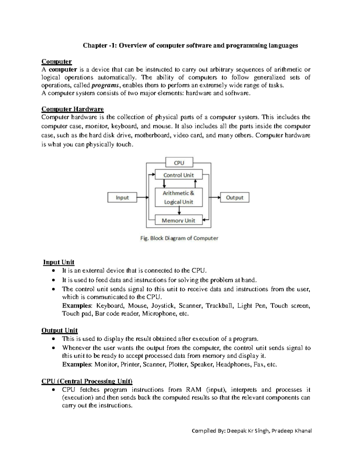 Chapter 1 - Chapter -1: Overview of computer software and programming languages Computer A ...