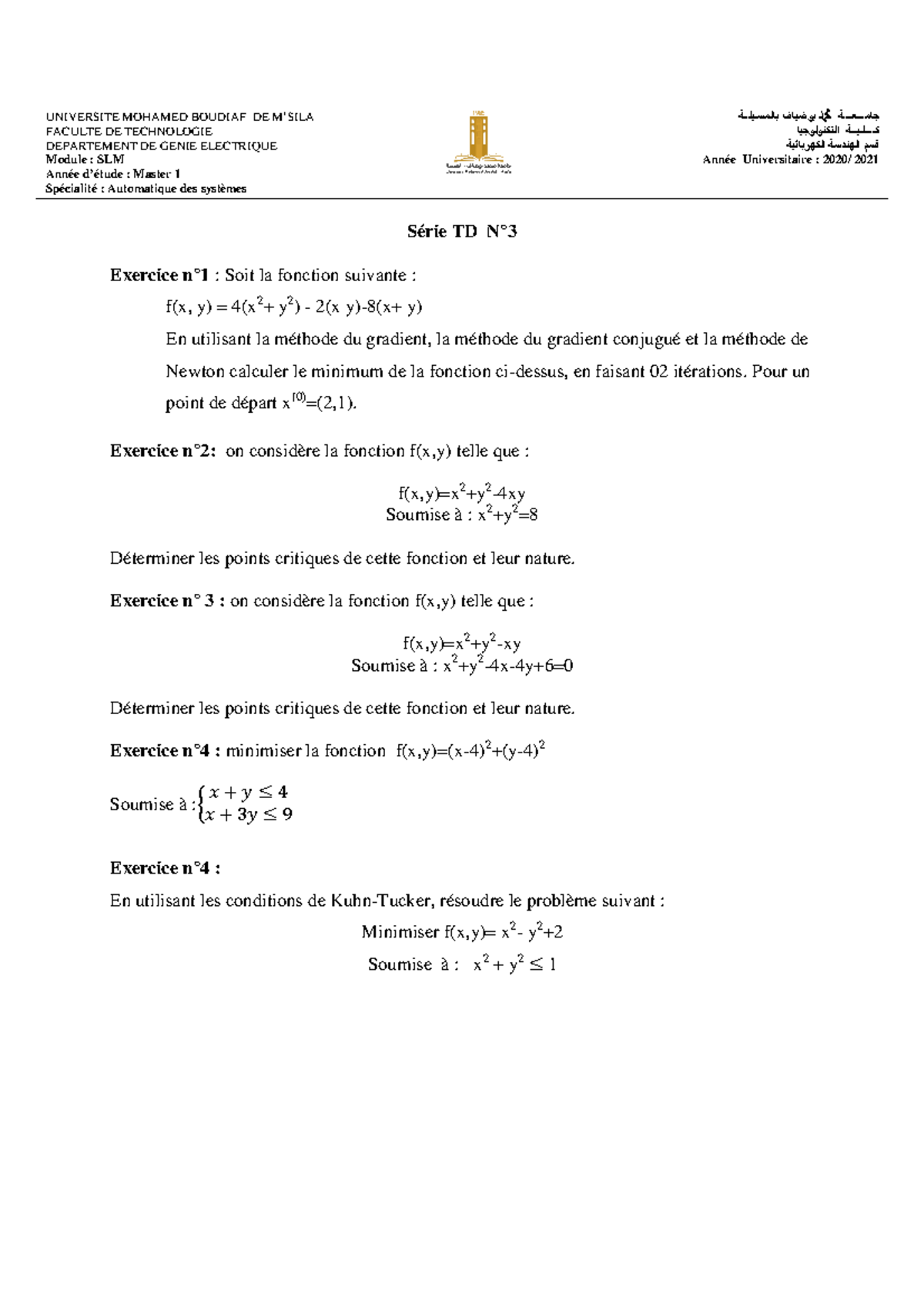 Td3 optim - Automatique des systèmes Série TD N°3 - UNIVERSITE MOHAMED ...