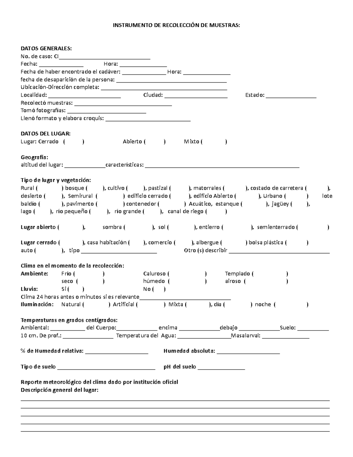 Formato de colecta - INSTRUMENTO DE RECOLECCIÓN DE MUESTRAS: DATOS ...