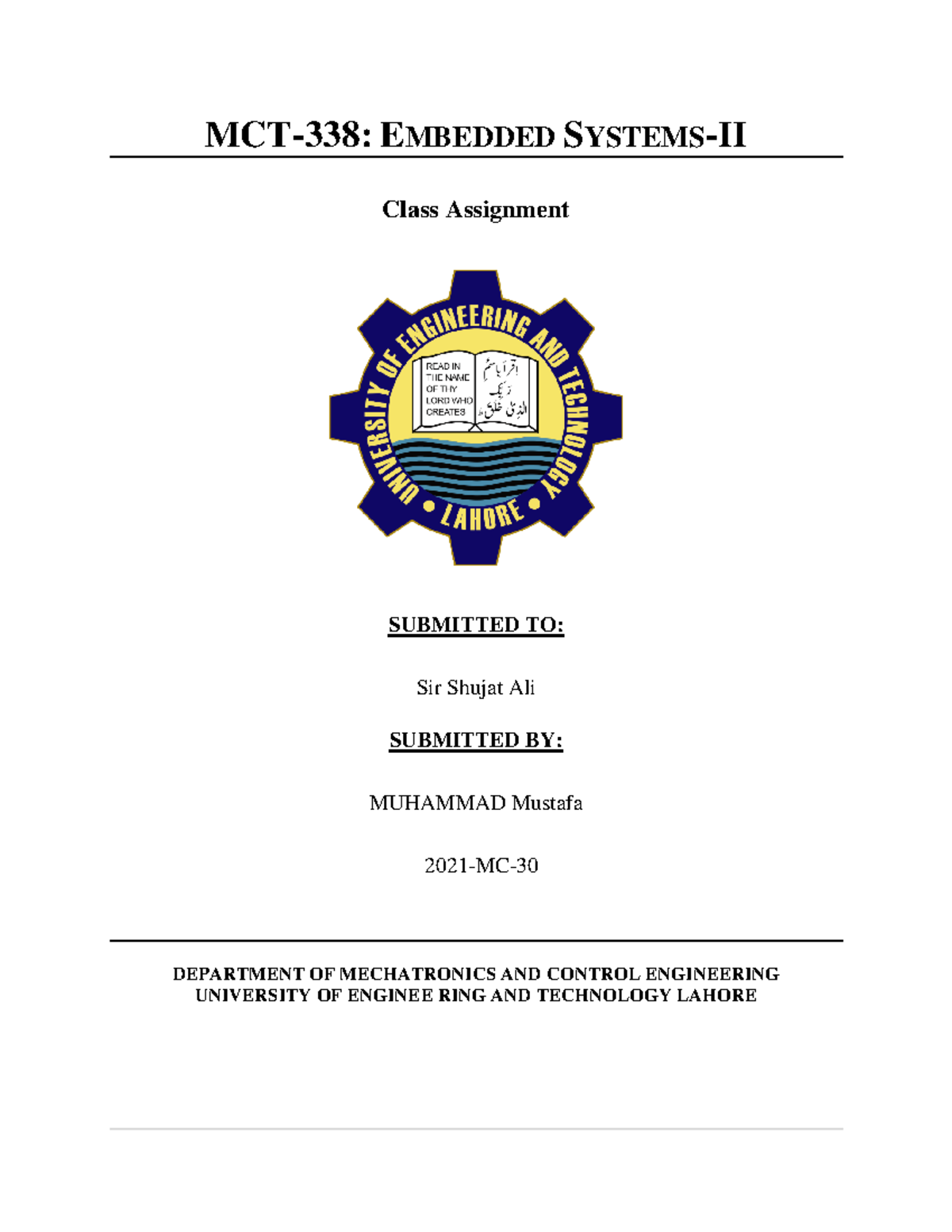 2021 MC 30 ES II Assignment - MCT-338: EMBEDDED SYSTEMS-II Class Assignment SUBMITTED TO: Sir ...