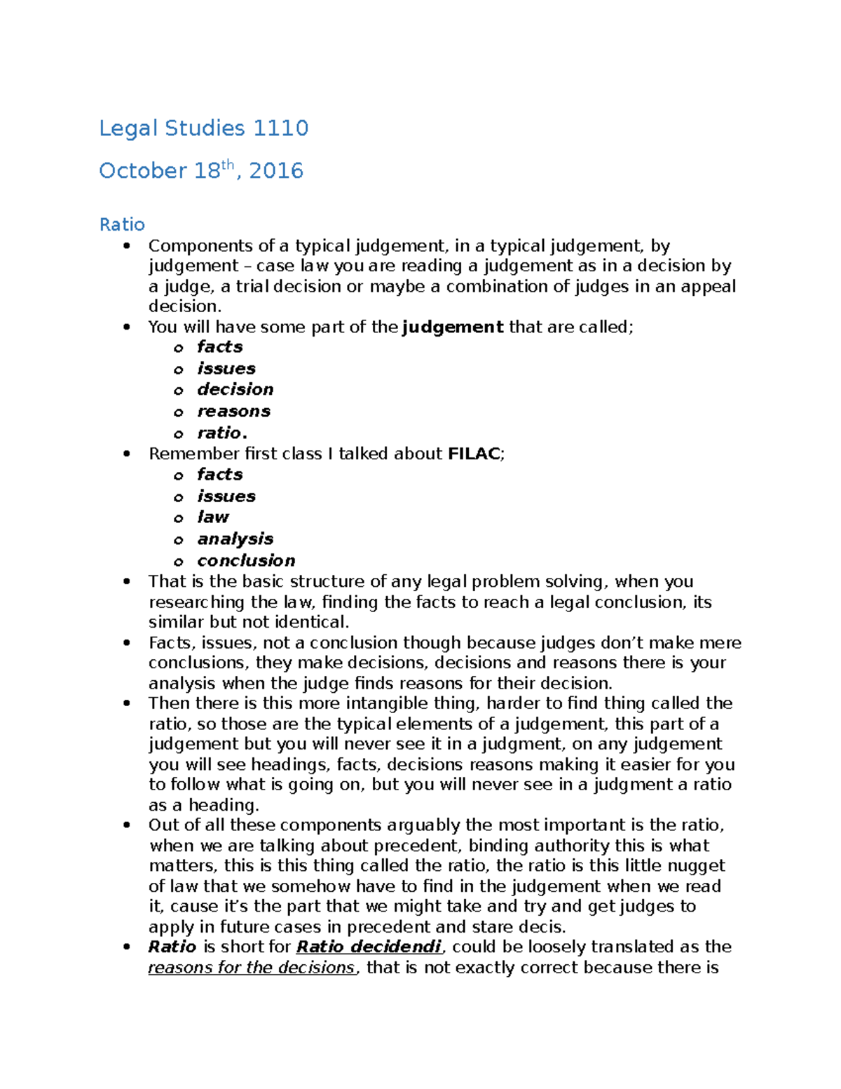 Notes, Oct 18th - Lecture Notes - Legal Studies 1110 October 18th, 2016 ...
