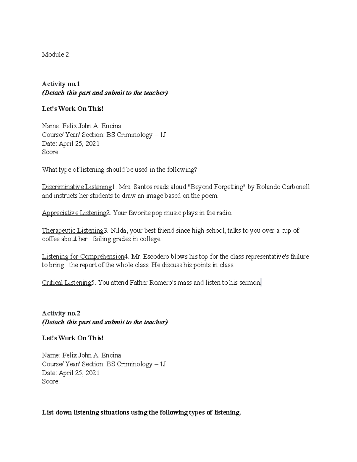 Module-2 - none - Module 2. Activity no. (Detach this part and submit ...