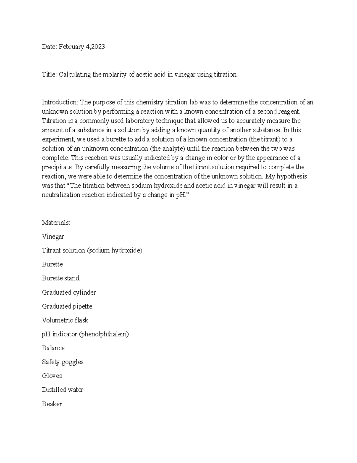 Titration lab - Date: February 4, Title: Calculating the molarity of ...