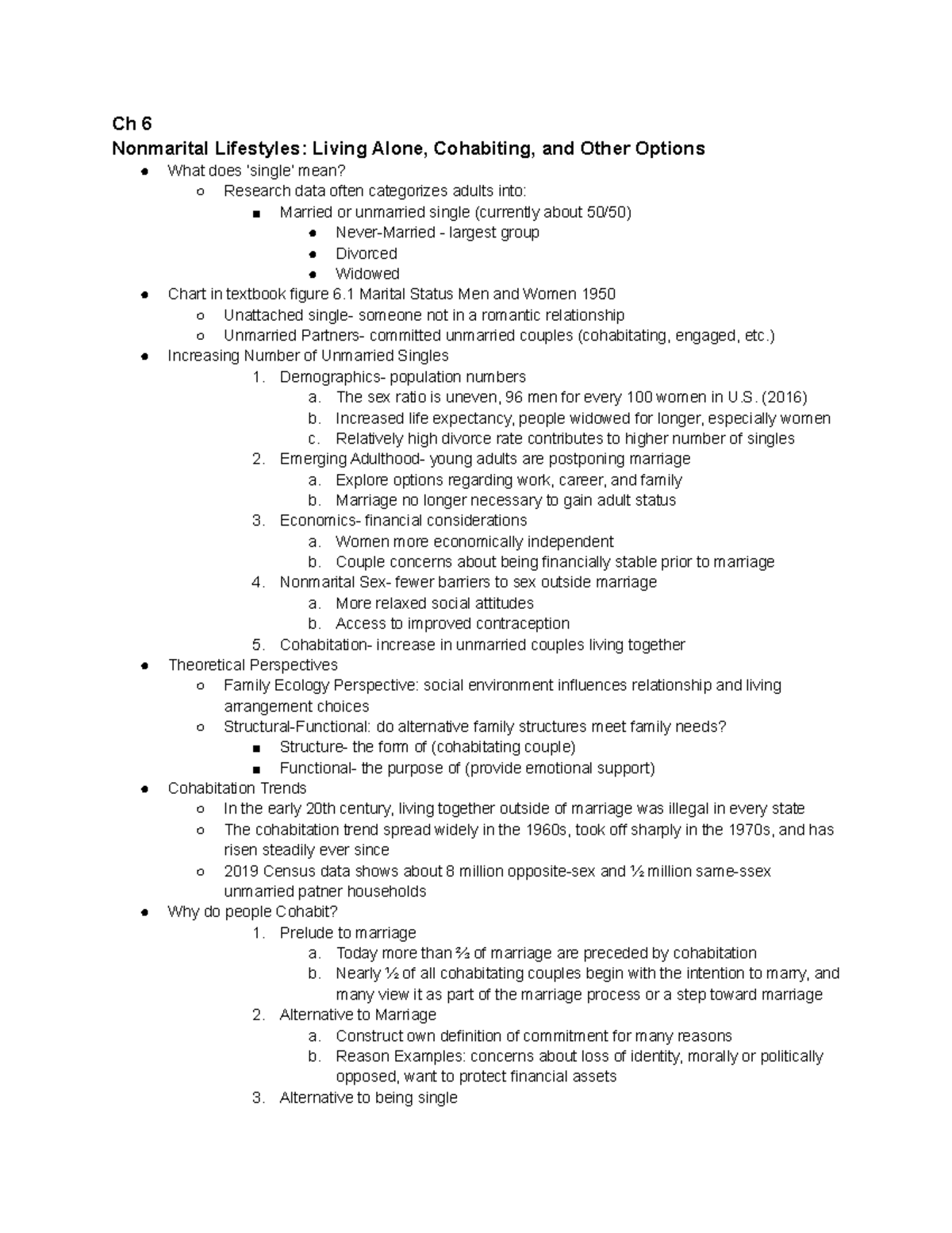 Chapter 6 - Professor Dena Wyum - Ch 6 Nonmarital Lifestyles: Living Alone, Cohabiting, and ...
