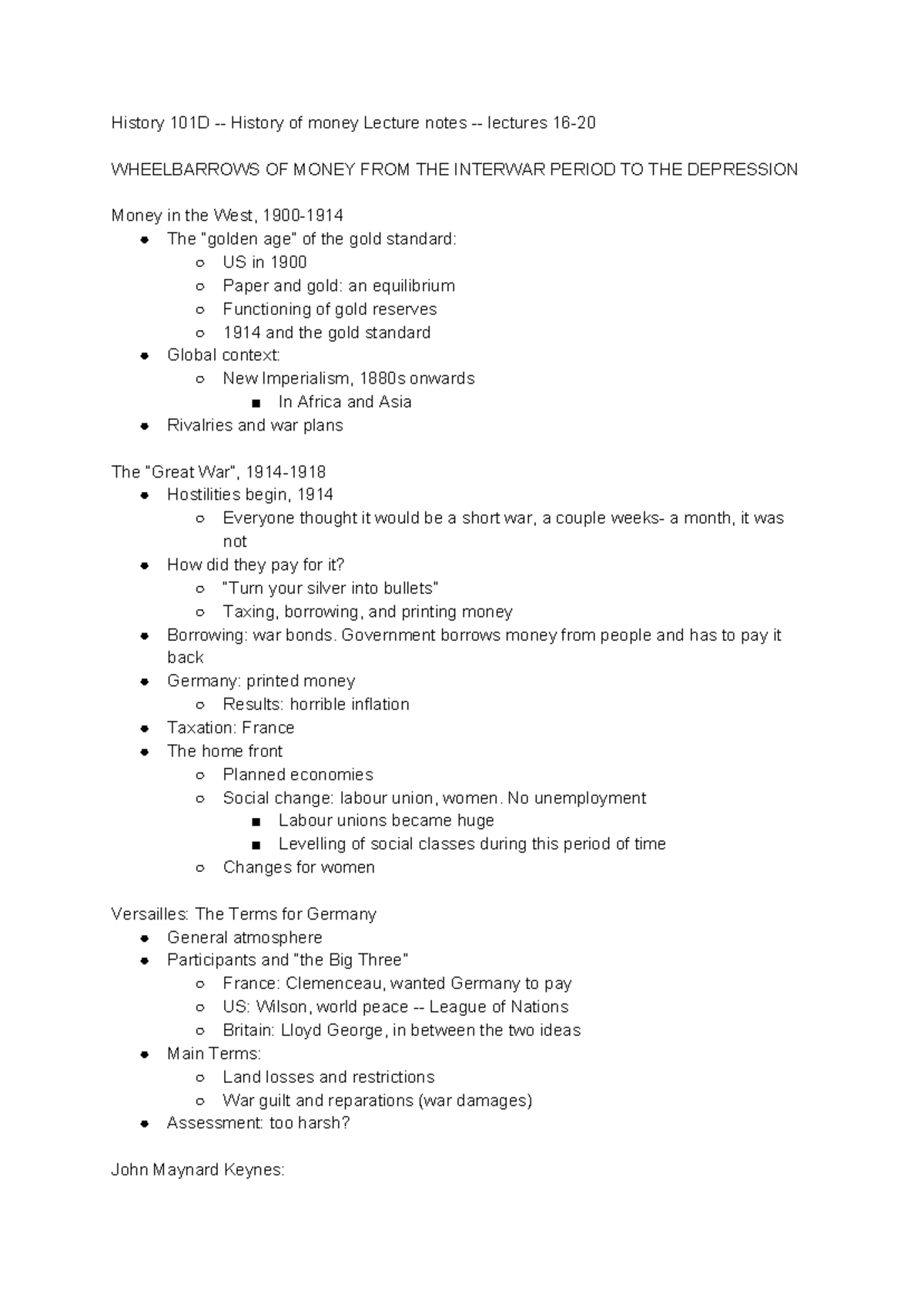 history of money - Lecture notes 16-20 - History 101D - History of ...
