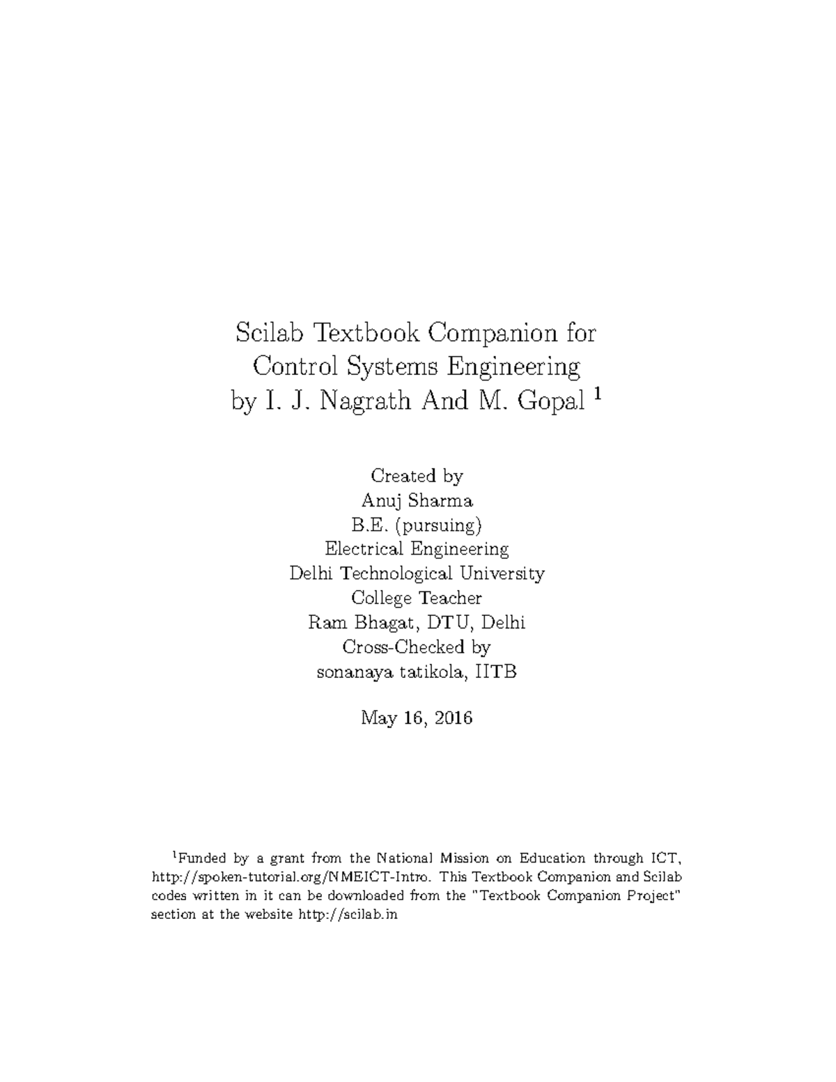 Control Systems Engineering I J Nagrath - Scilab Textbook Companion for ...
