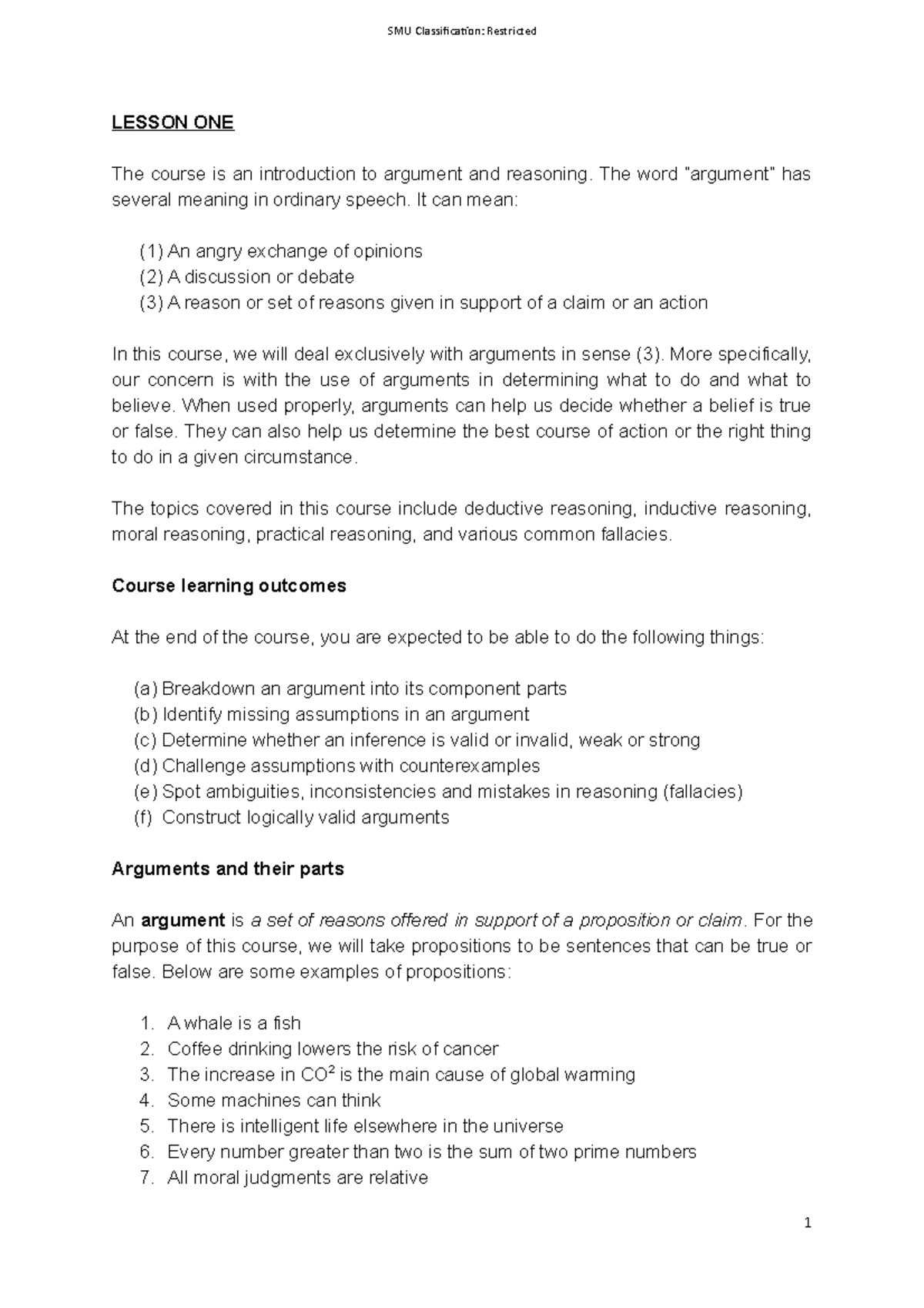 Lesson ONE - LESSON ONE The course is an introduction to argument and ...