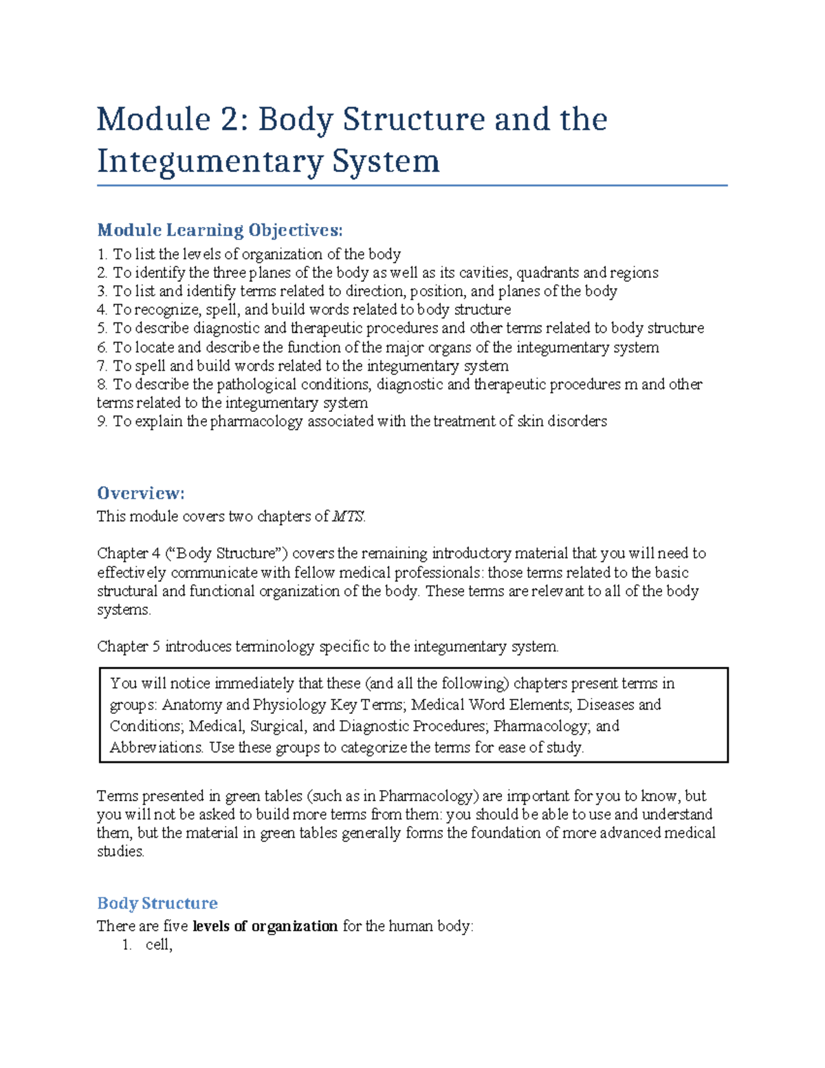 Module 2 Med Terms - Notes - Module 2: Body Structure and the ...