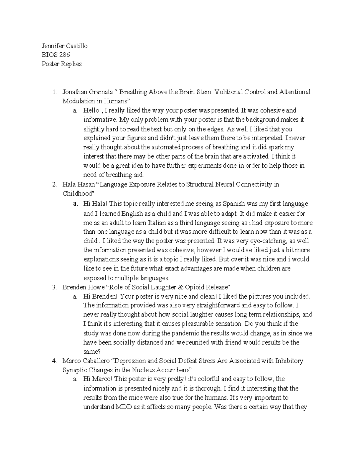 BIOS 286 Poster PEER Reviews - Jennifer Castillo BIOS 286 Poster ...