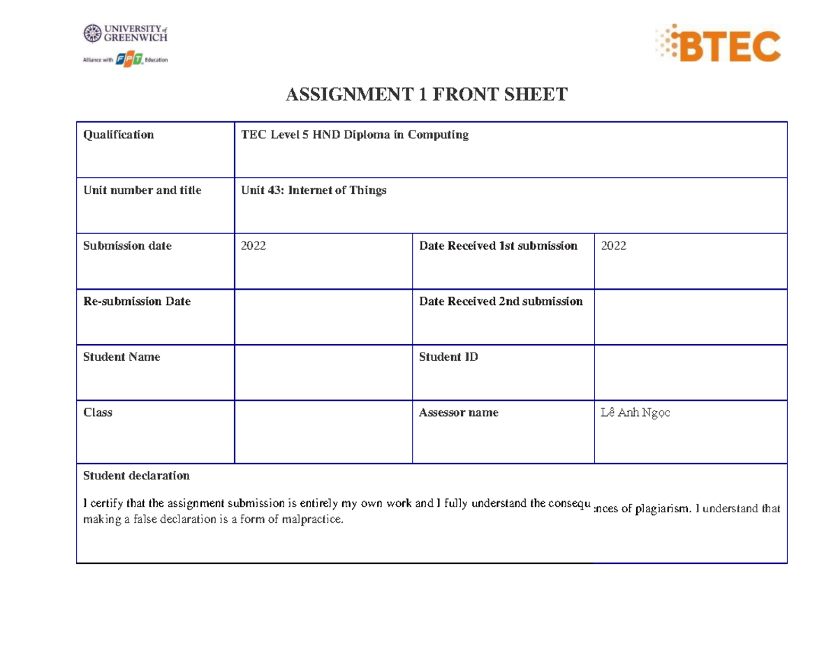 ASM1-Internet of Things - ASSIGNMENT 1 FRONT SHEET Qualification TEC Level 5 HND Diploma in ...