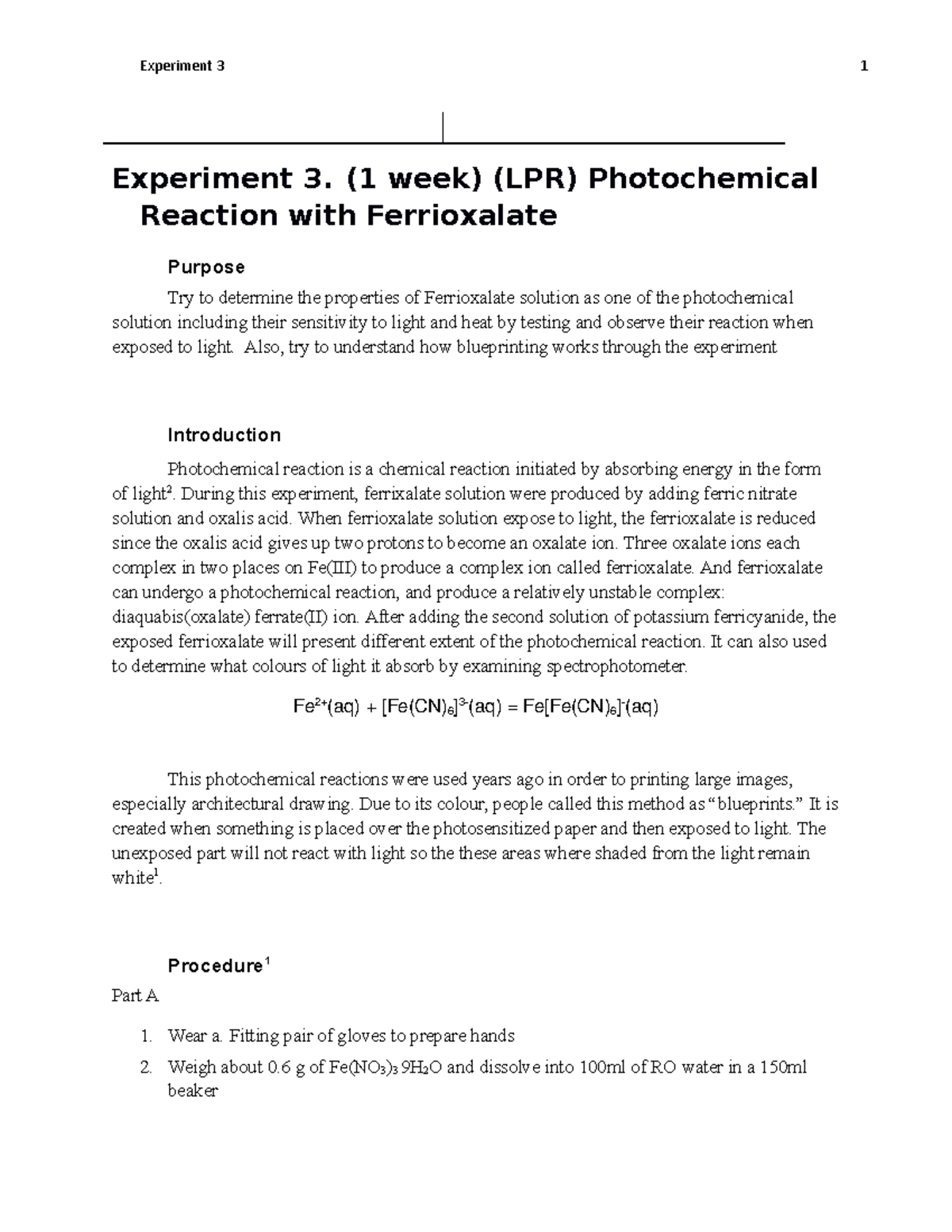 Template Photochemical Reaction with Ferrioxalate - Experiment 3. (1 ...