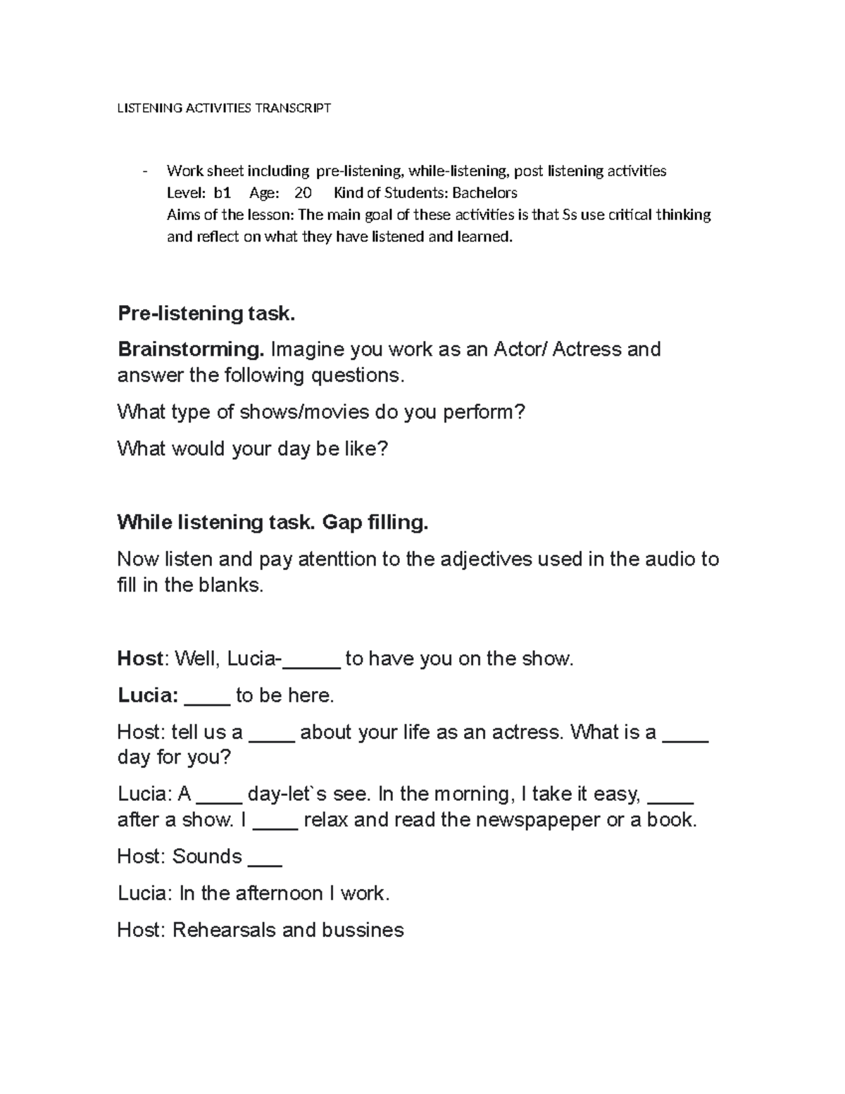 Listening Activities Transcript - LISTENING ACTIVITIES TRANSCRIPT Work ...