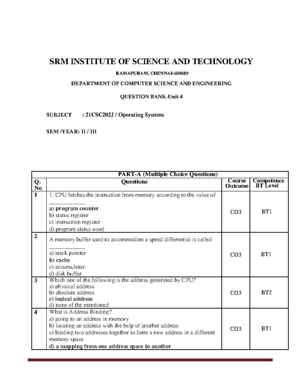 UNIT-4 QB - question bank - SRM INSTITUTE OF SCIENCE AND TECHNOLOGY RAMAPURAM, CHENNAI- 600089 ...