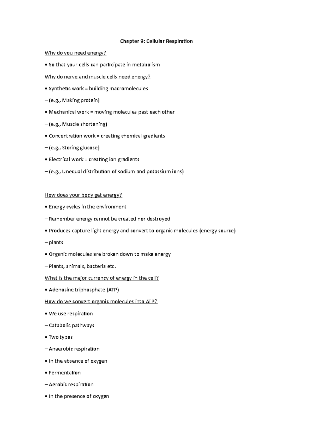 Chapter 9 - Cellular Respiration - Chapter 9: Cellular Respiration Why ...