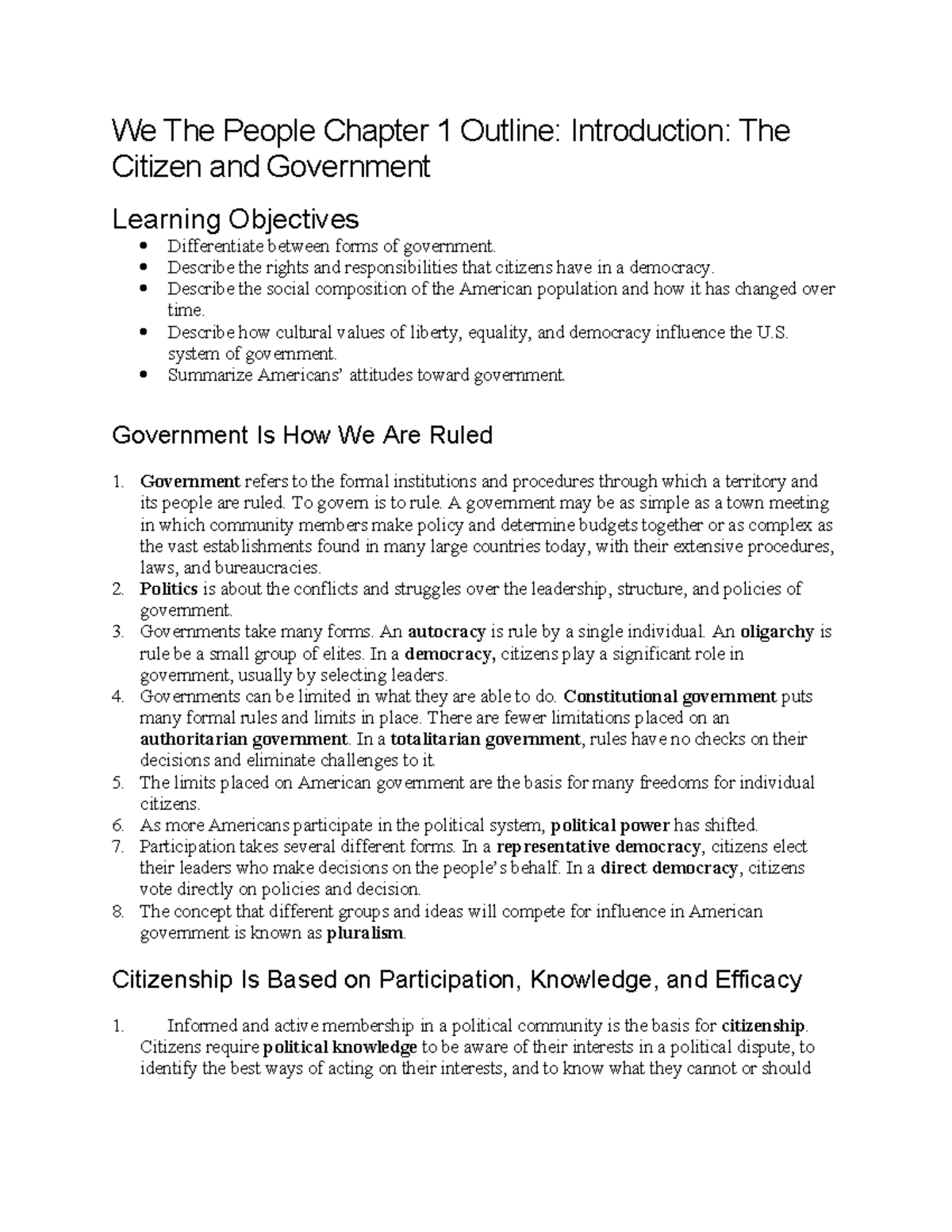 We The People Chapter 1 Outline: Introduction: The Citizen and ...