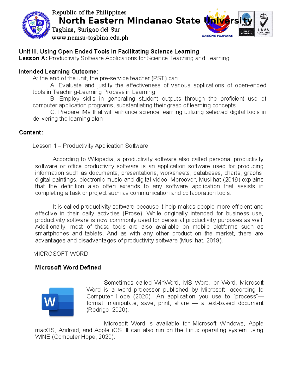 Unit 3 Lesson A Productivity Software Applications for Science Teaching ...