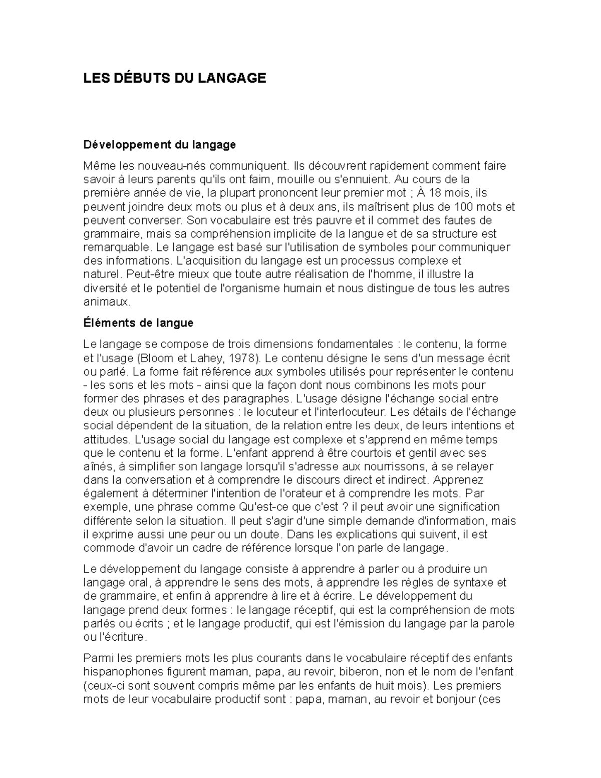 Les débuts du langage - LES DÉBUTS DU LANGAGE Développement du langage ...