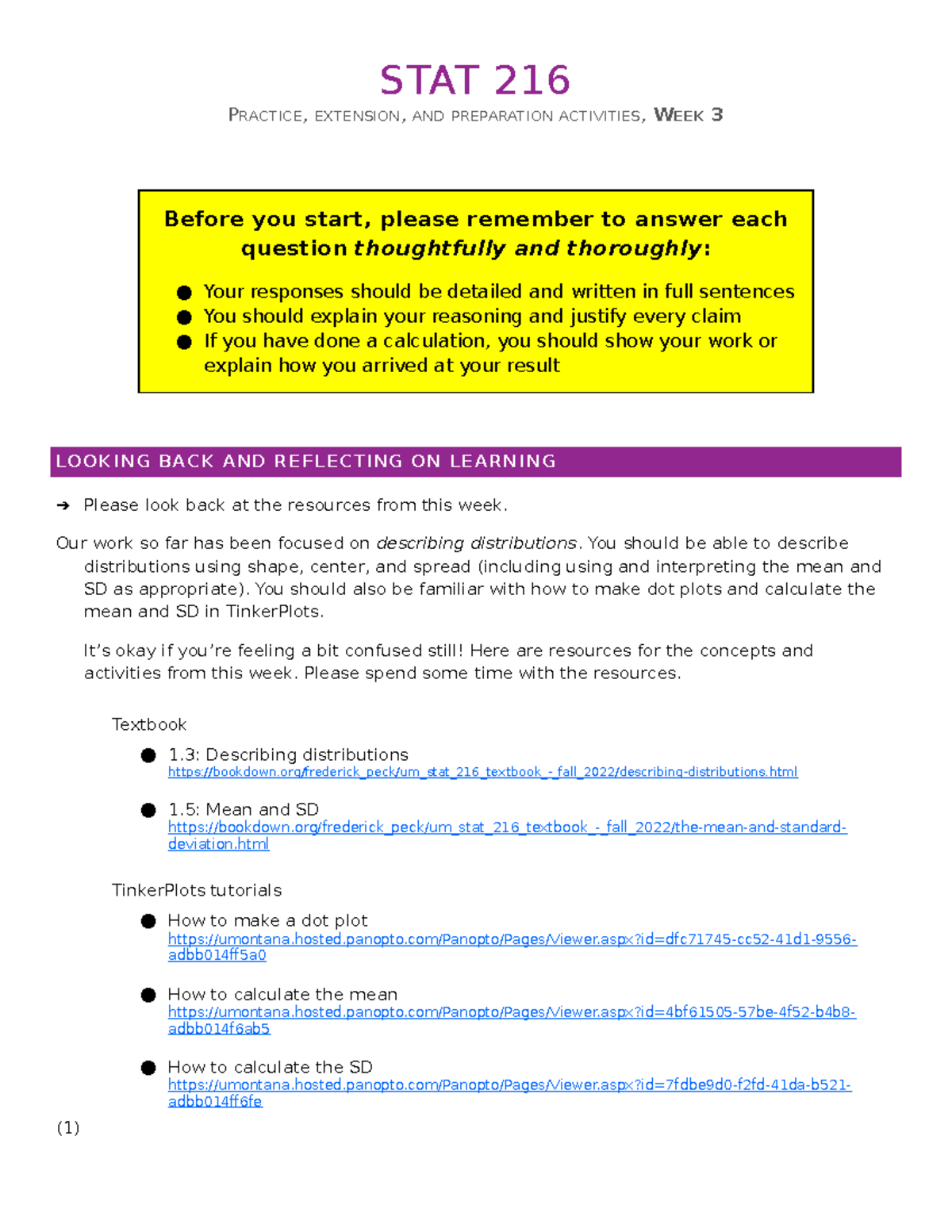 Week 3 - Practice, extension, and preparation activities - STAT 216 ...
