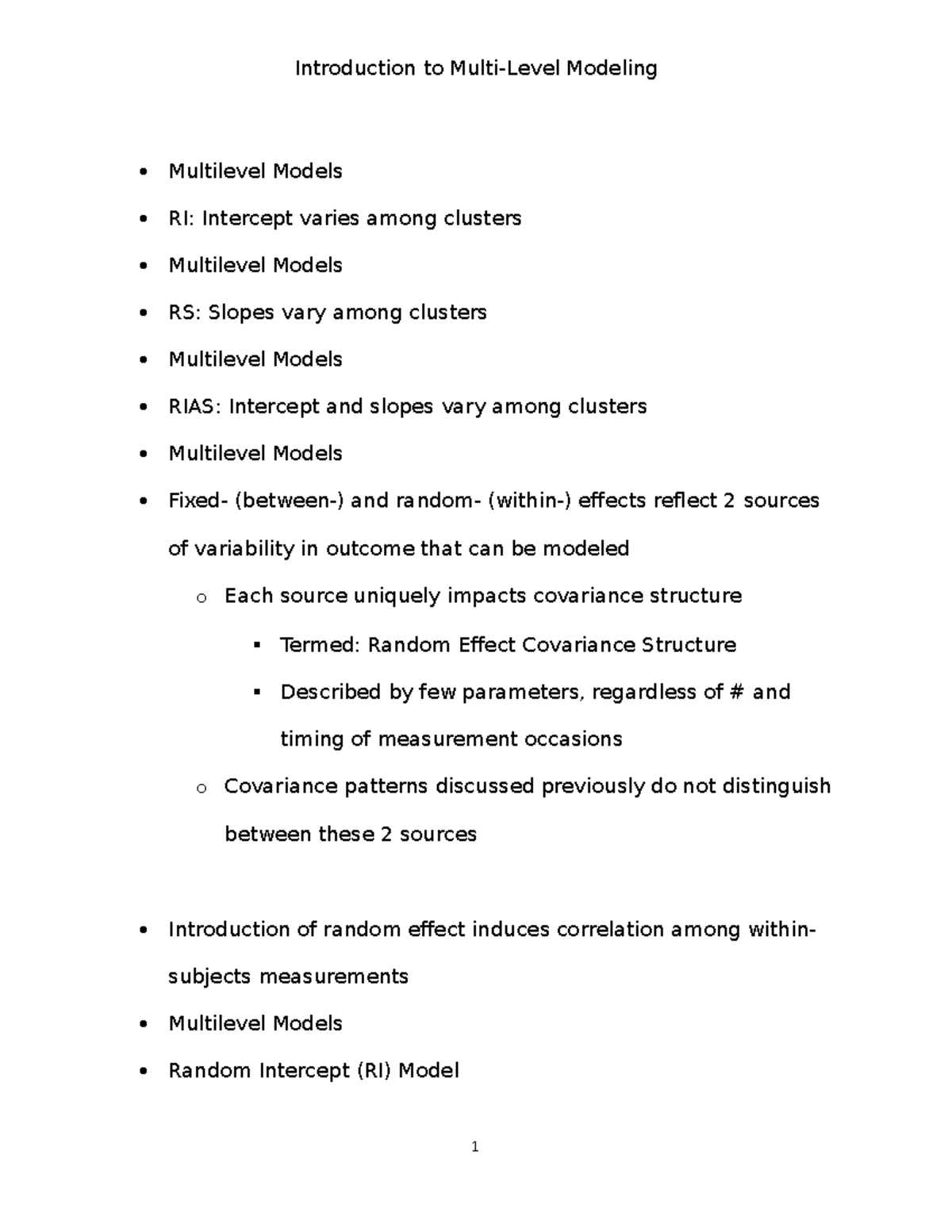 Introduction to Multi-Level Modeling III - Multilevel Models RI ...