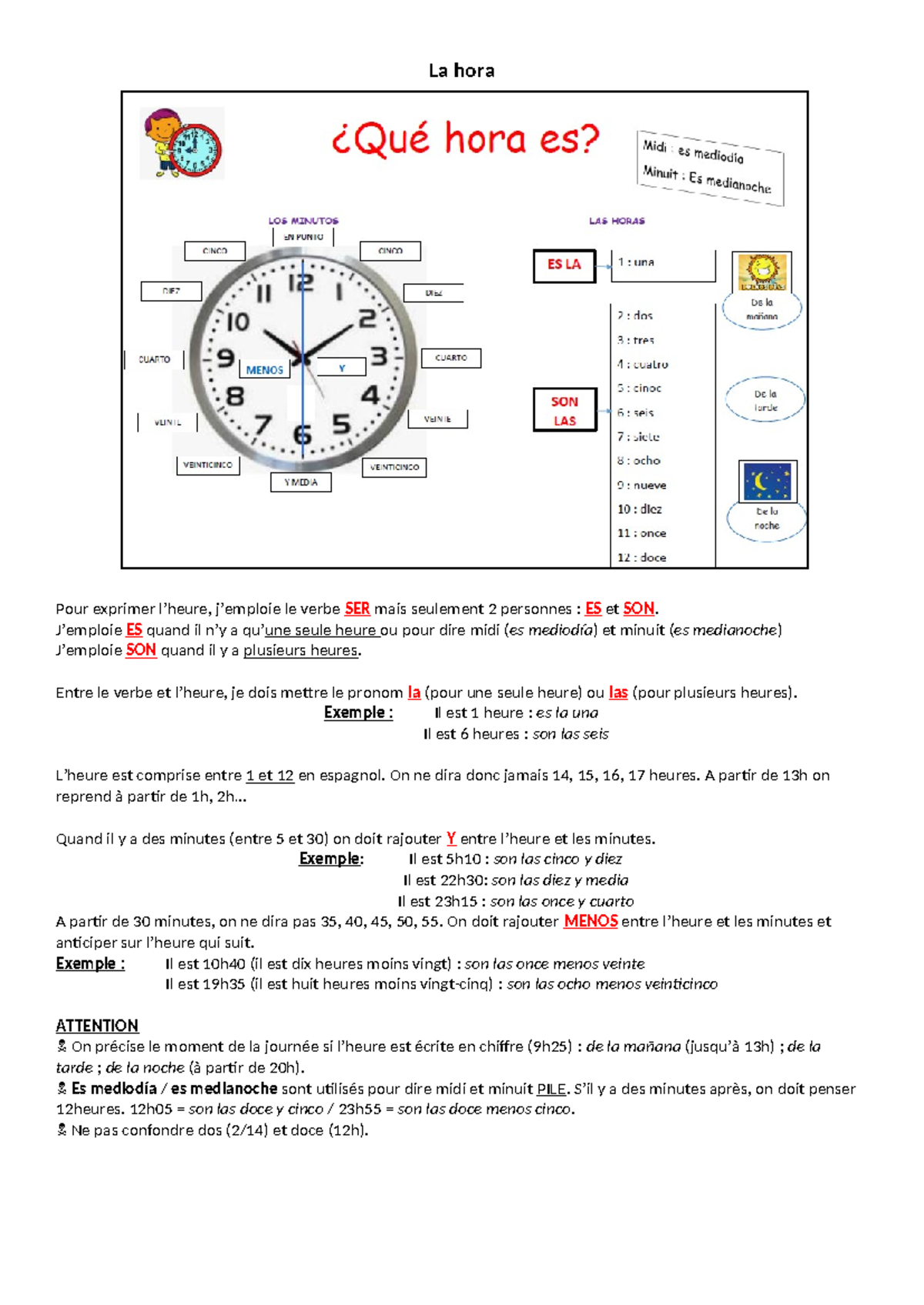 La hora leçon - creacion de una leccion sobre la hora. - La hora Pour ...