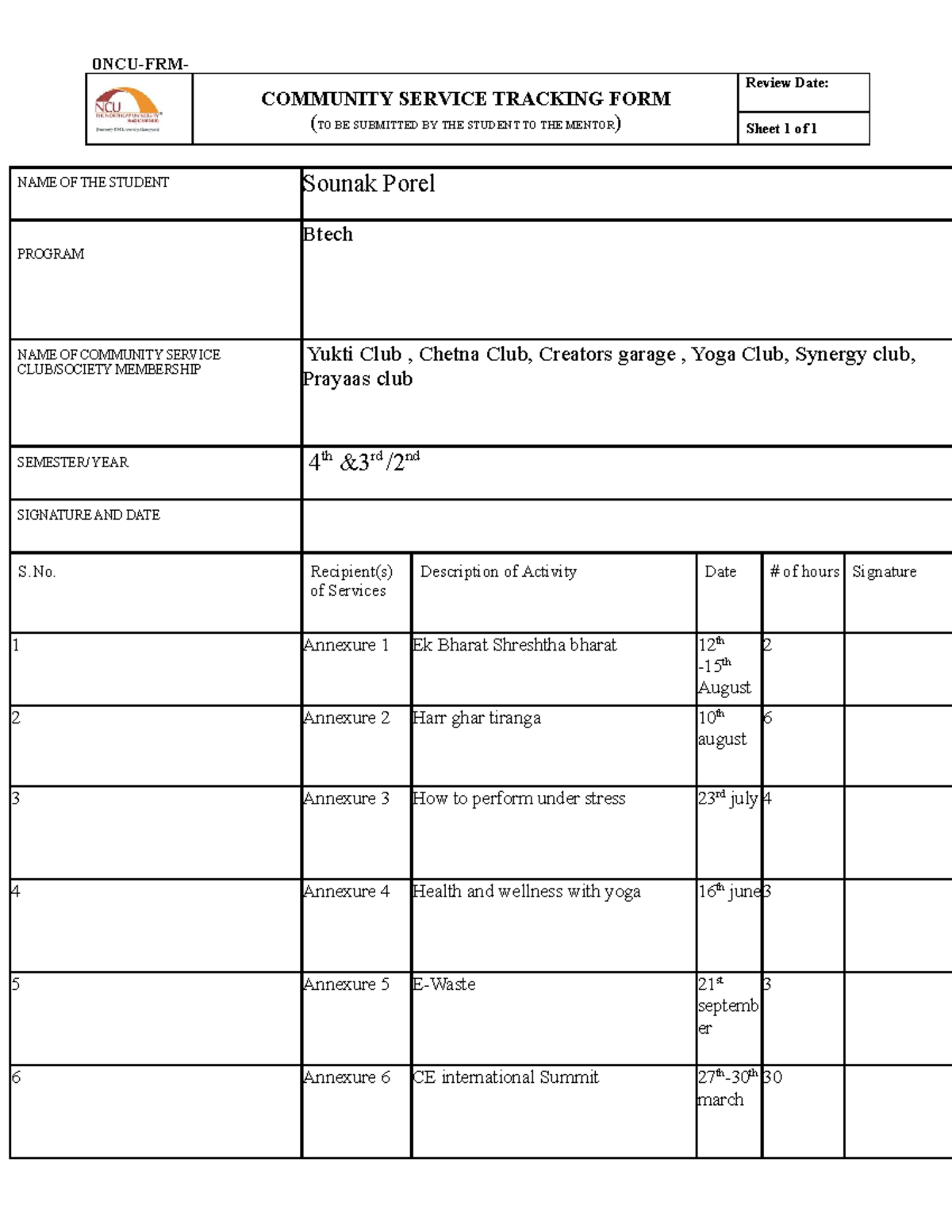 Annexure 2 Tracker form 21ecu011 - 0NCU-FRM- COMMUNITY SERVICE TRACKING ...