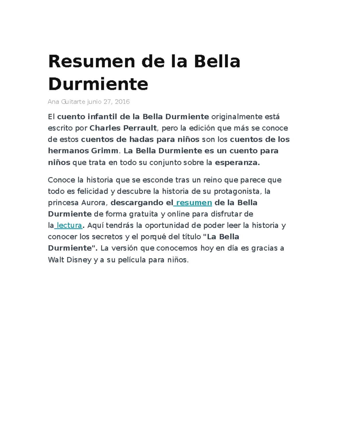 Resumen - La Bella Durmiente es un cuento para niños que trata en todo ...