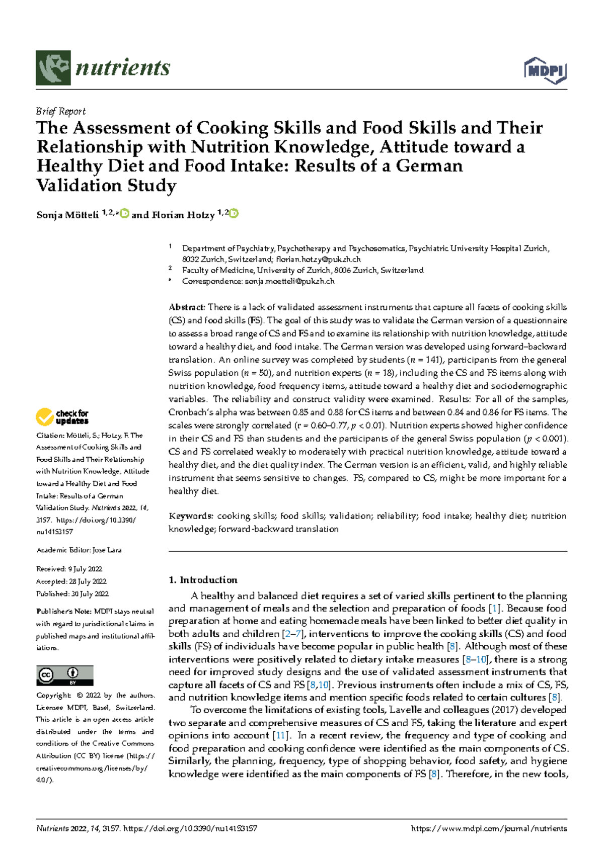 The Assessment of Cooking Skills and Food Skills and Their Relationship ...