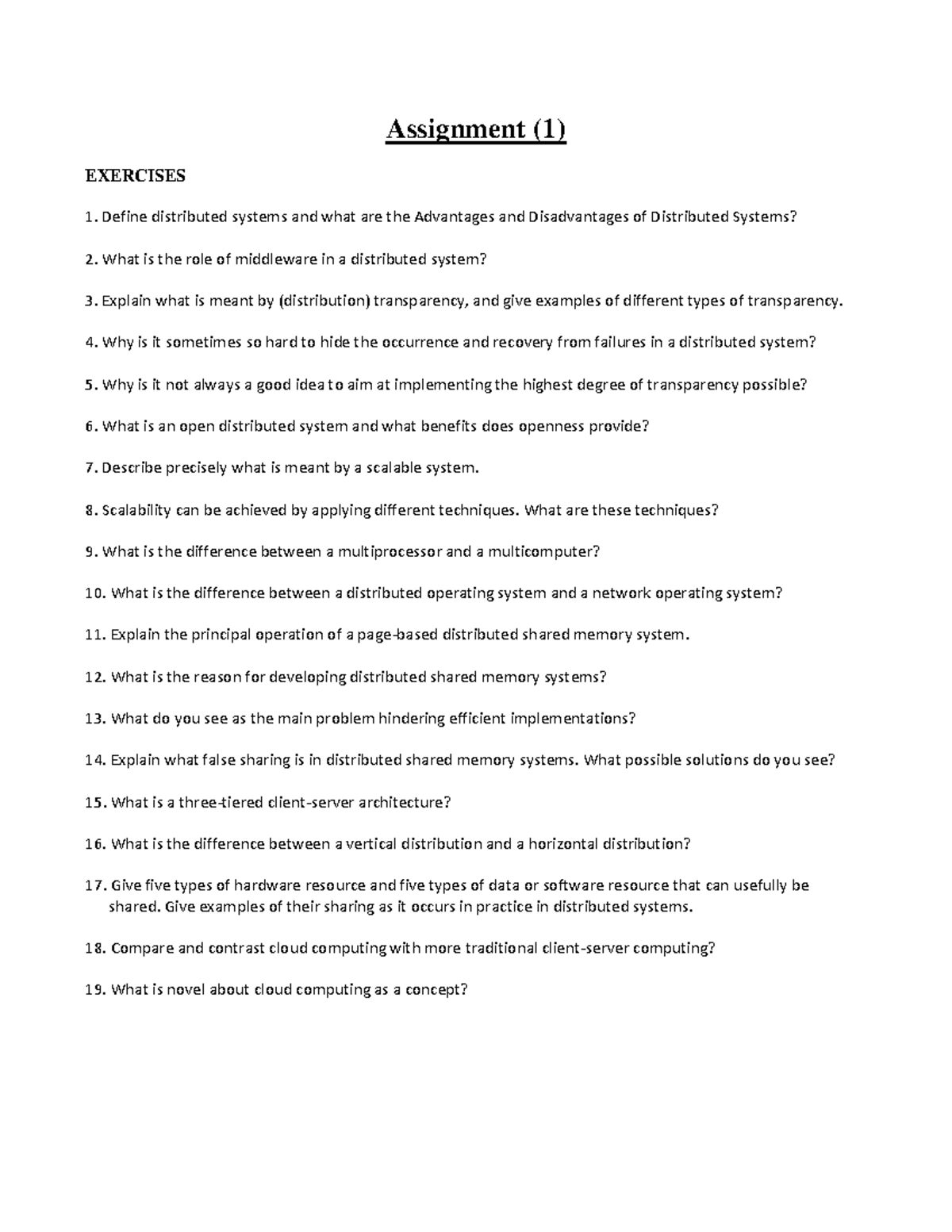 Assignment (1) - Assignment (1) EXERCISES Define distributed systems ...