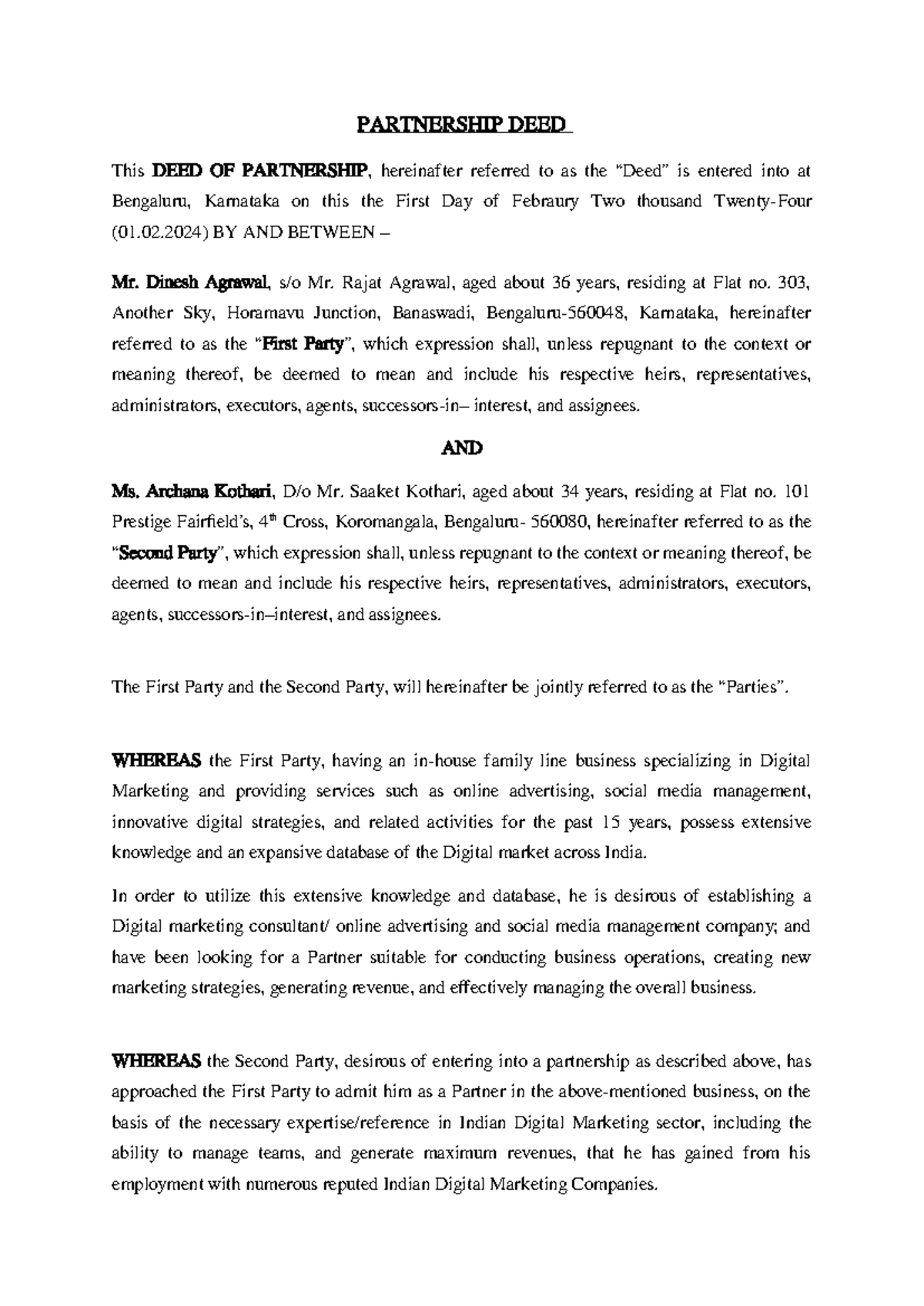 Partnership Final - Draft - PARTNERSHIP DEED This DEED OF PARTNERSHIP ...