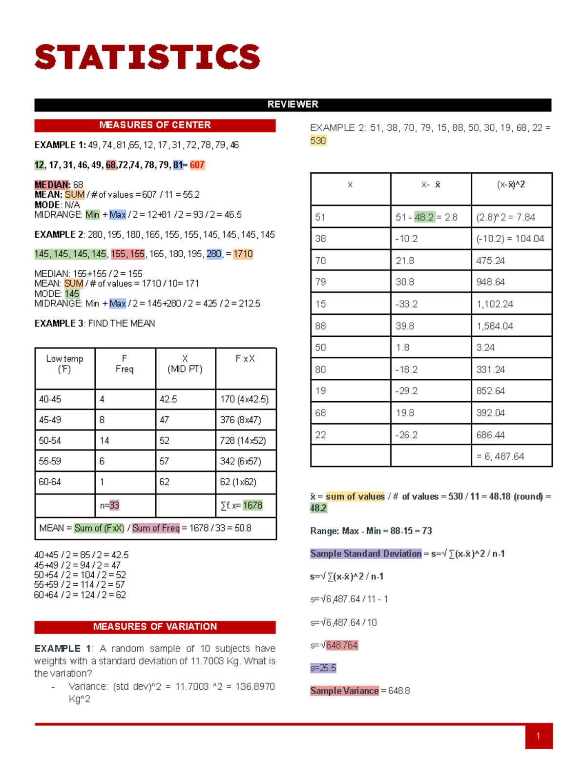 Reviewer 1-7 - Stats - STATISTICS REVIEWER MEASURES OF CENTER EXAMPLE 1 ...