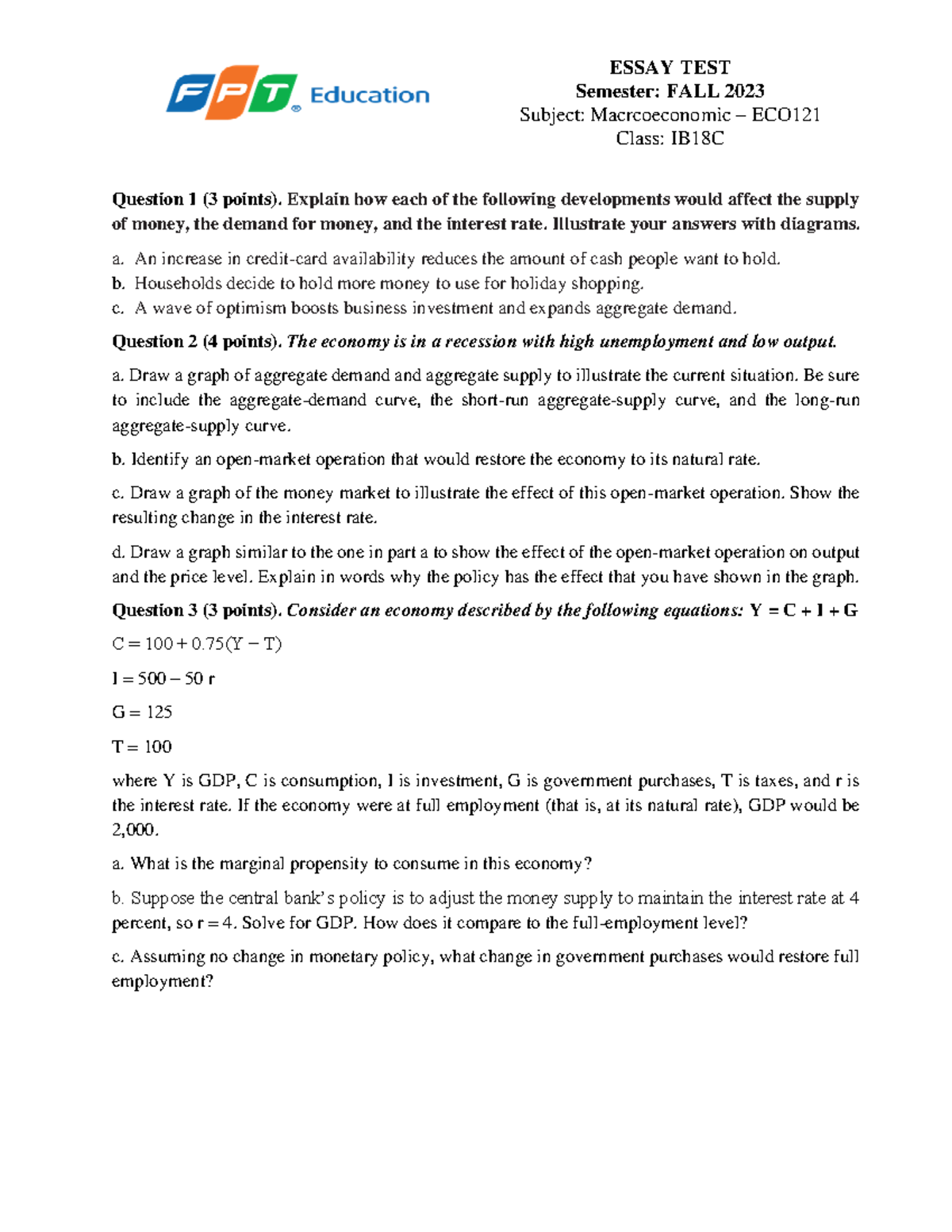 Essay Test Ha Tuong Vi - ESSAY TEST Semester: FALL 2023 Subject ...