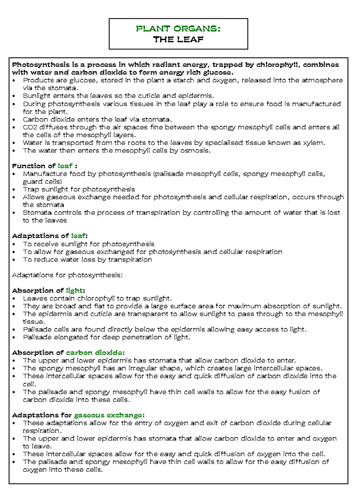 Plant organs - Summary Molecular and cell biology - PLANT ORGANS: THE ...